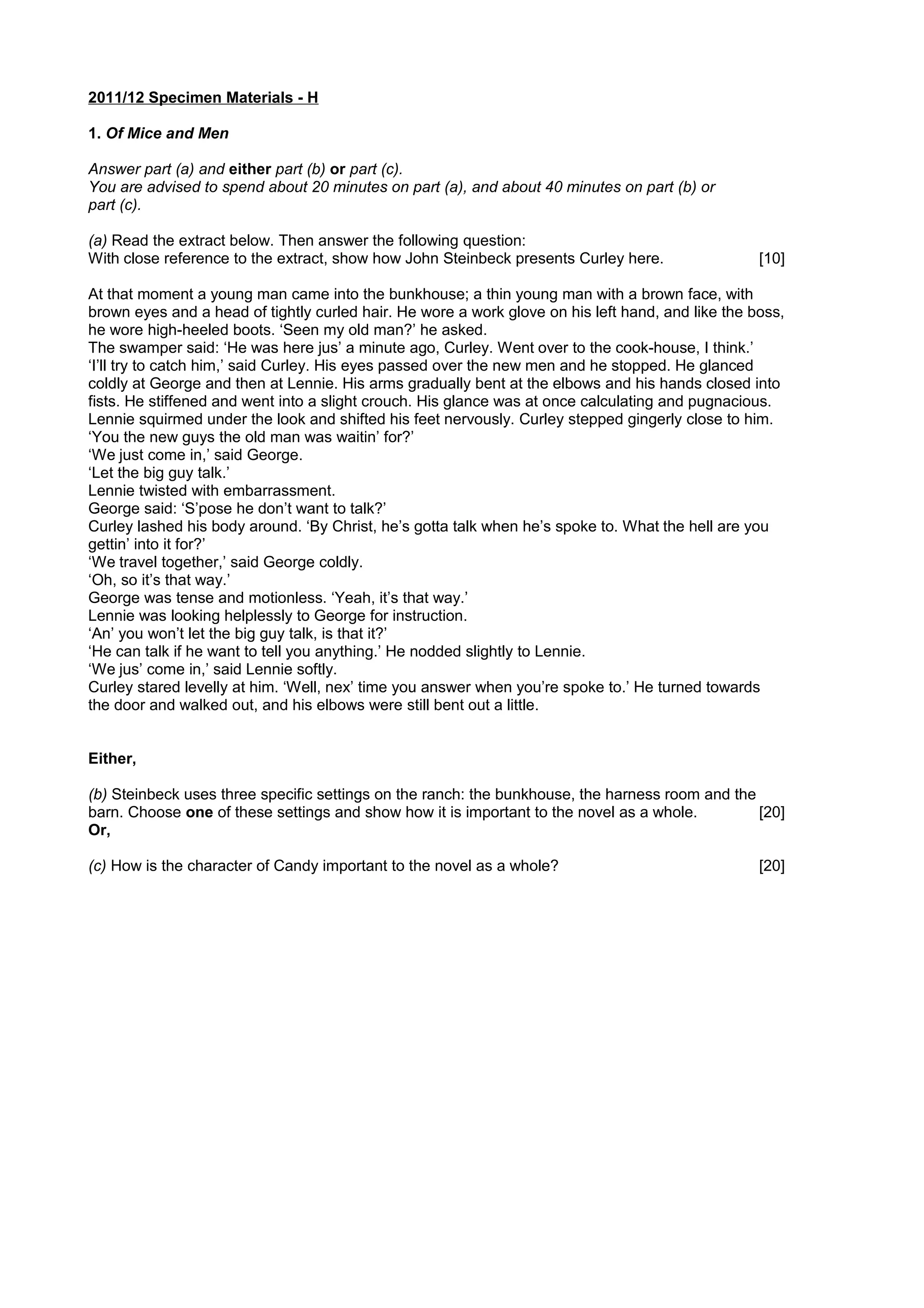 Of Mice and Men: past questions WJEC Unit 1 | DOC