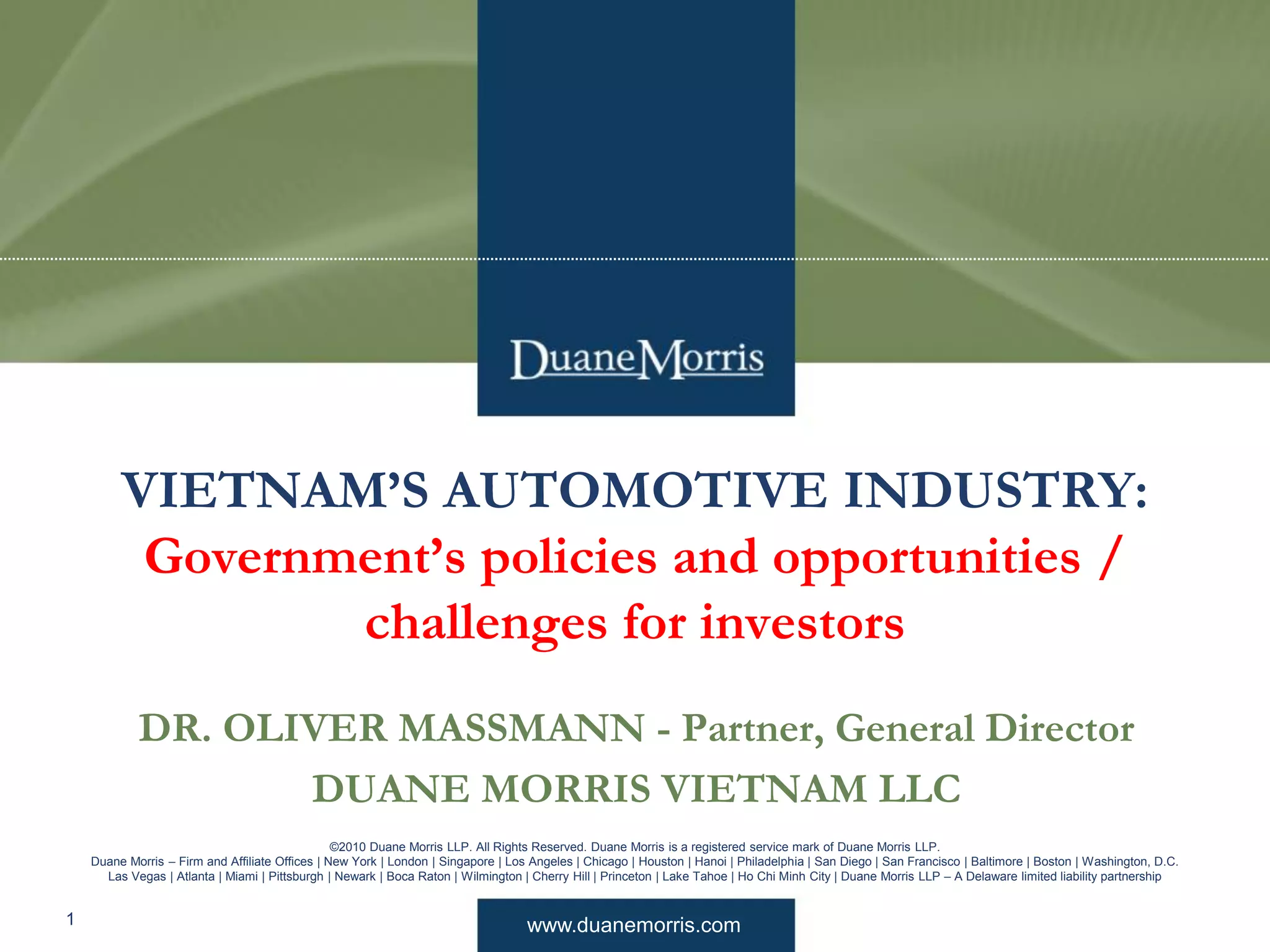 Lawyer in Vietnam Dr. Oliver Massmann Automotive Industry Government Policies Challenges ...