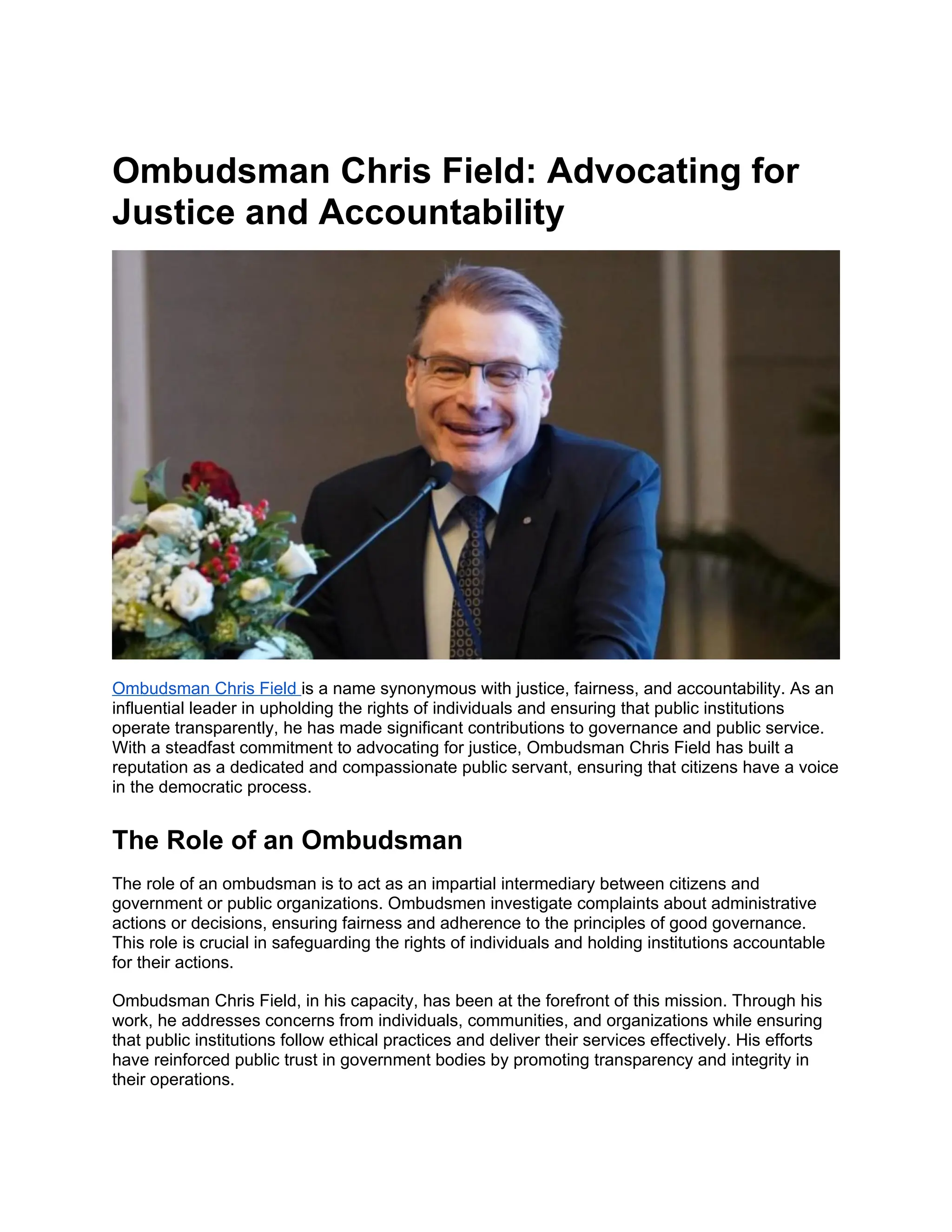 Ombudsman Chris Field: Advocating for Justice and Accountability | DOCX