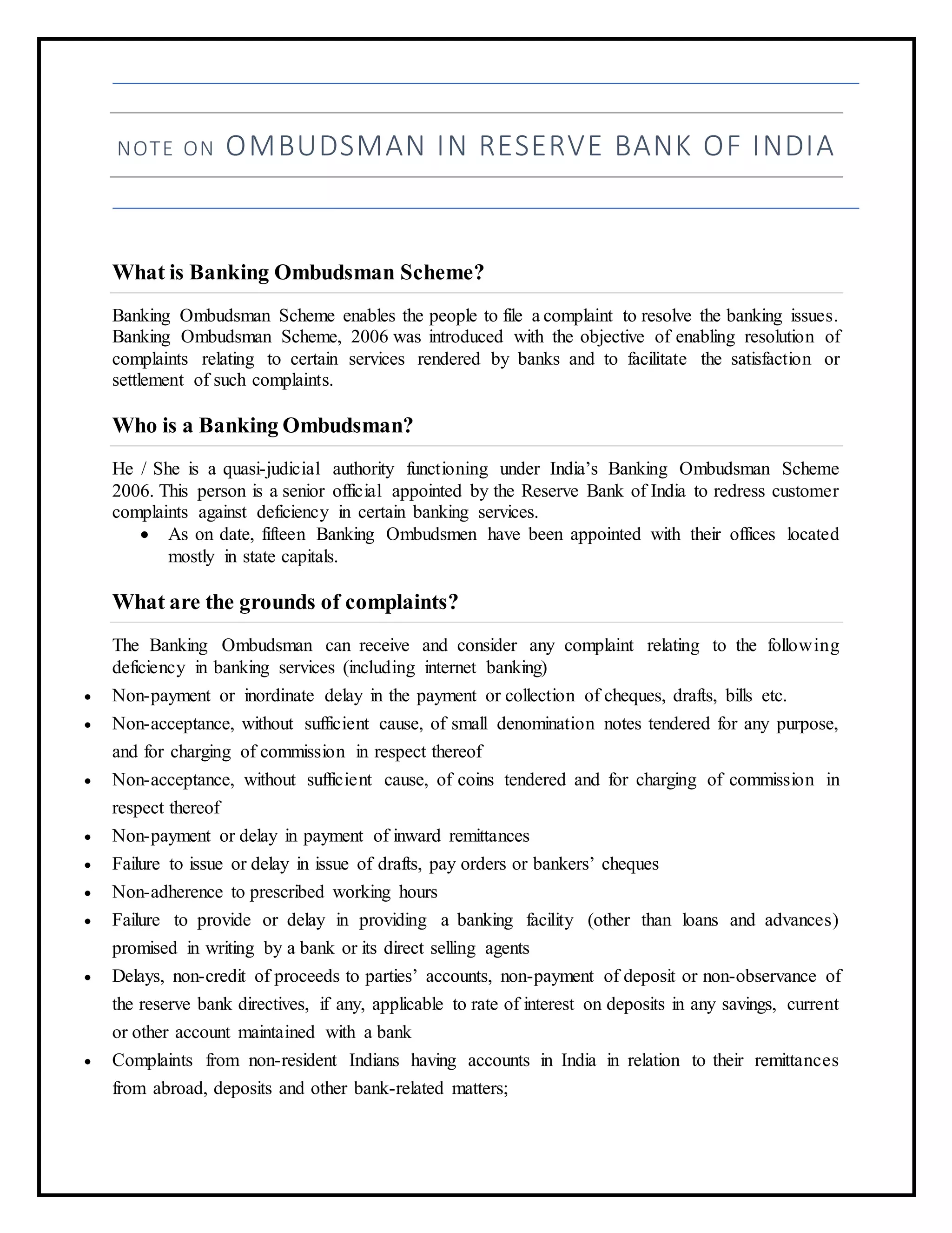 Ombudsman in reserve bank of india | DOCX | Crime & Harmful Acts to ...