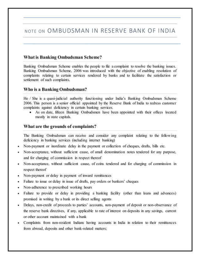 Ombudsman in reserve bank of india | PDF