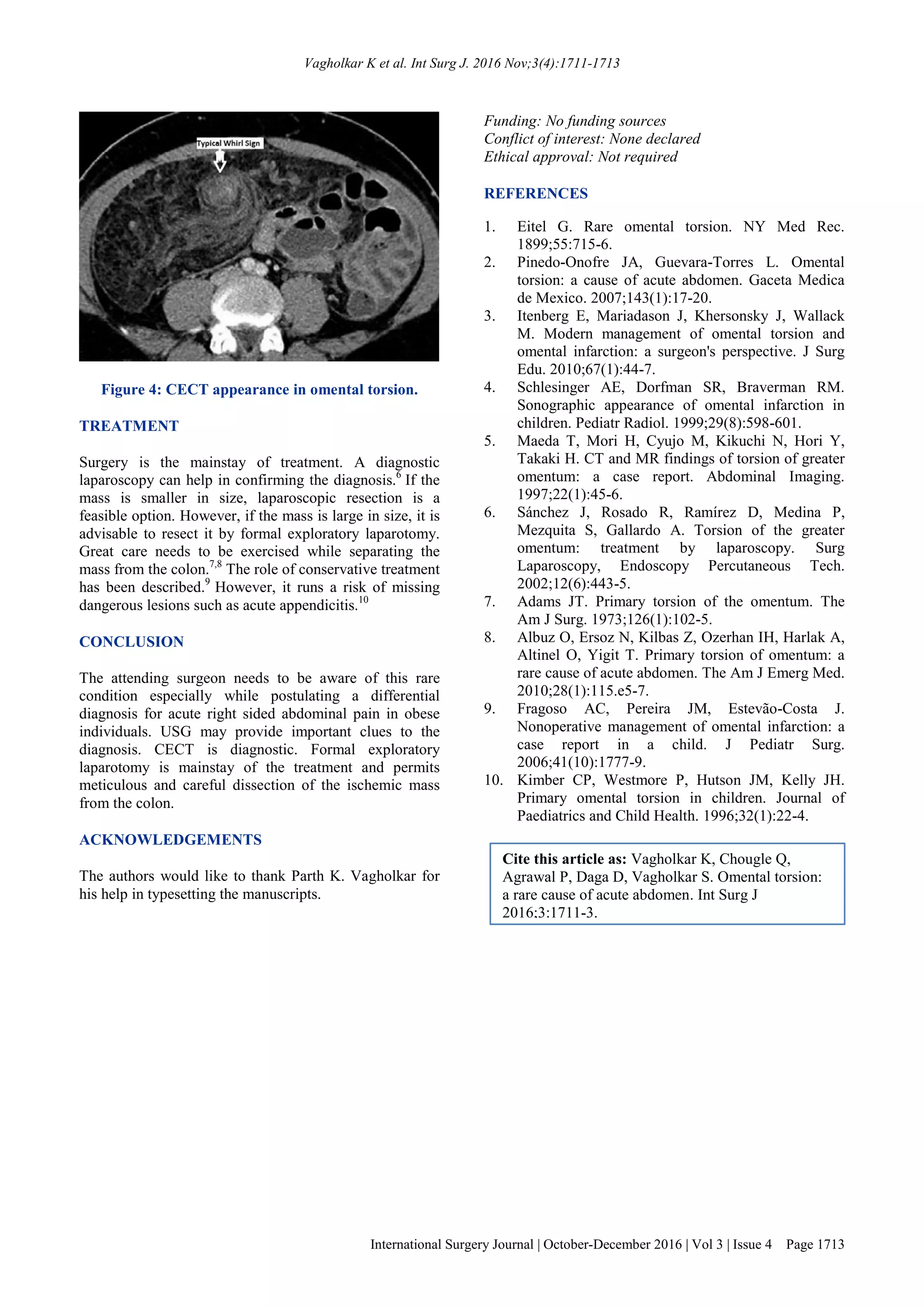Omental torsion: a rare cause of acute abdomen | PDF