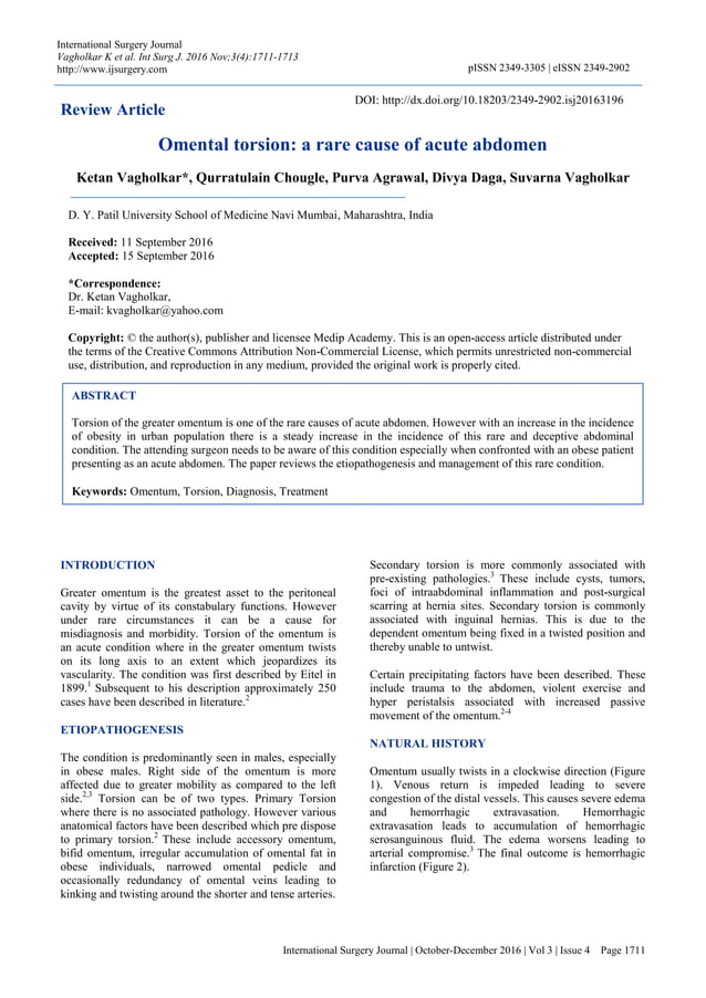 Omental torsion: a rare cause of acute abdomen | PDF | Digestive Disorders | Diseases and Conditions