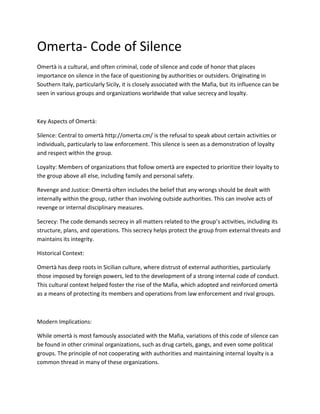 Omerta Code Of Silence Brief Overview on Omerta | PDF