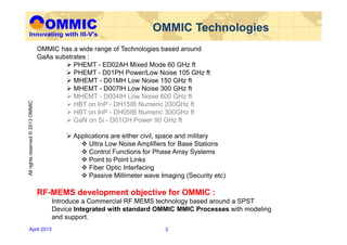OMMIC presentation on fabrication of MMIC integrated with MEMs RF | PDF