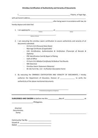 Omnibus certification of authenticity and veracity of documents | PDF