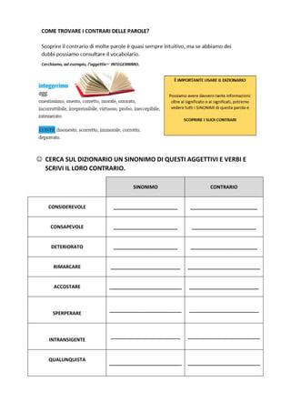 Omonimi sinonimi e contrari : arricchimento lessicale (Schede ...