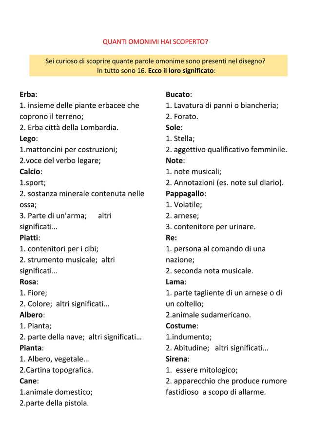 Omonimi Sinonimi E Contrari Arricchimento Lessicale Schede