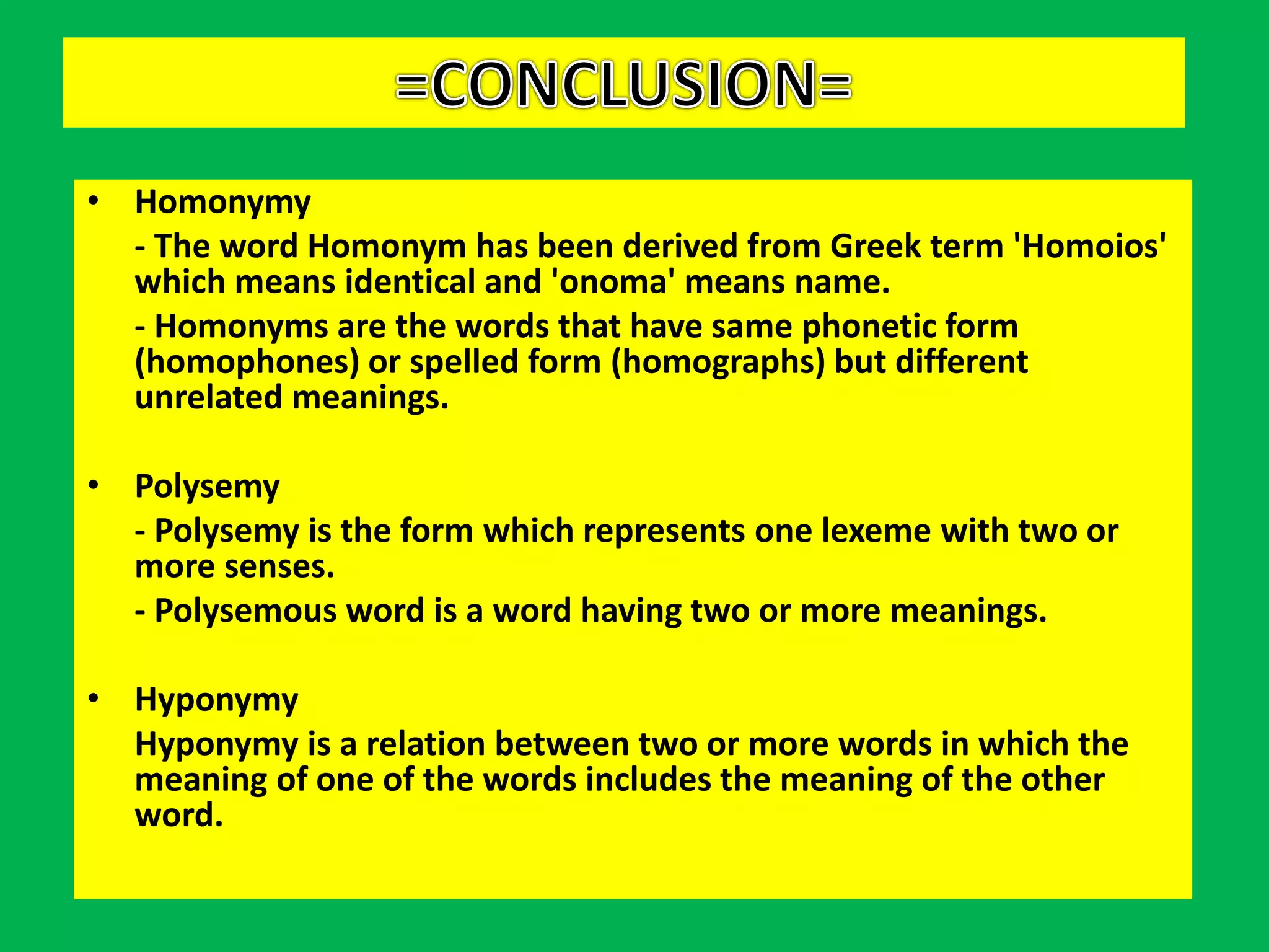 homonimy, polysemy, hyponymy | PPTX