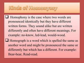 homonimy, polysemy, hyponymy | PPTX