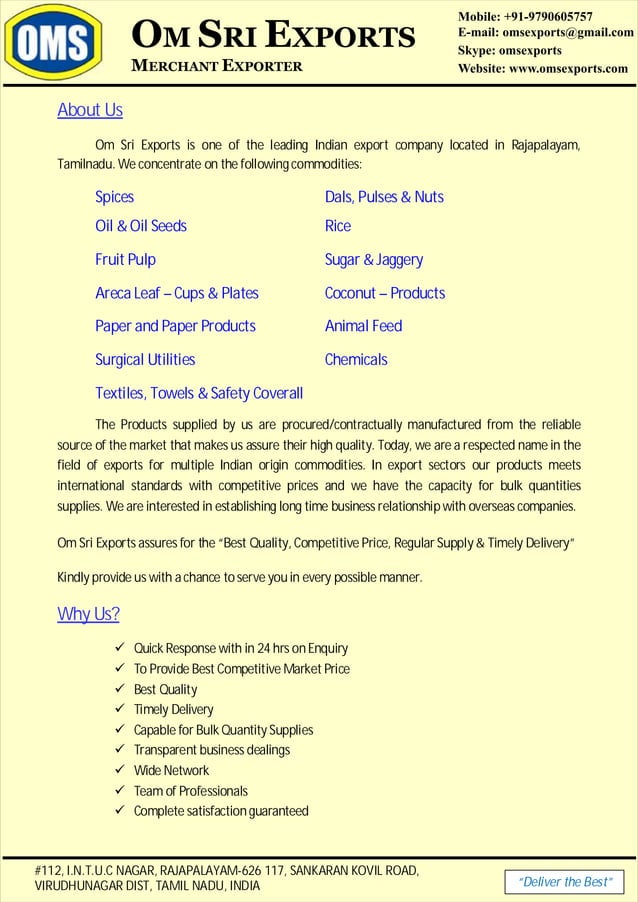 Om sri exports company catalog & portfolio | PDF