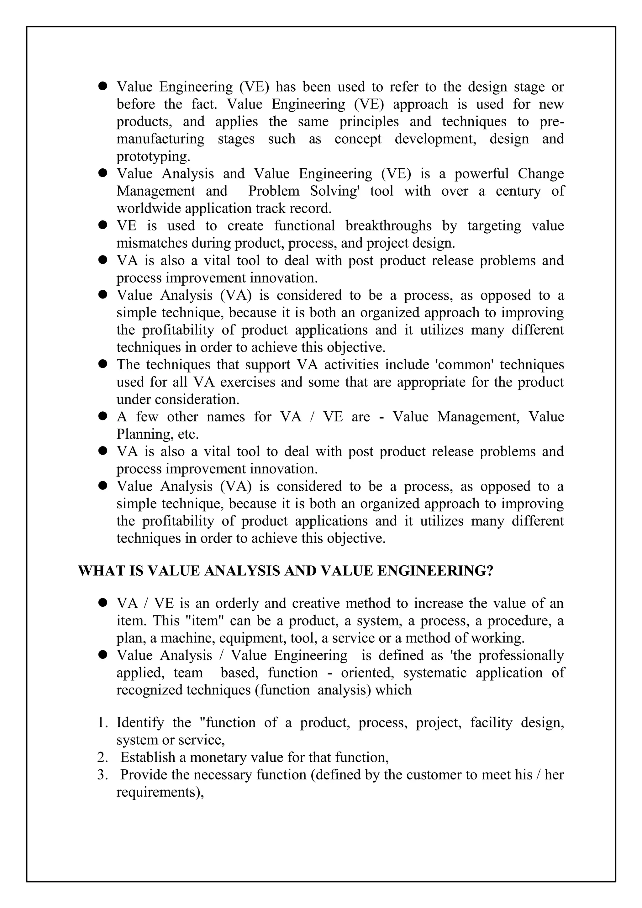 VALUE ANALYSIS,VALUE ENGINEERING, BUSINESS PROCESS REENGINEERING | PDF