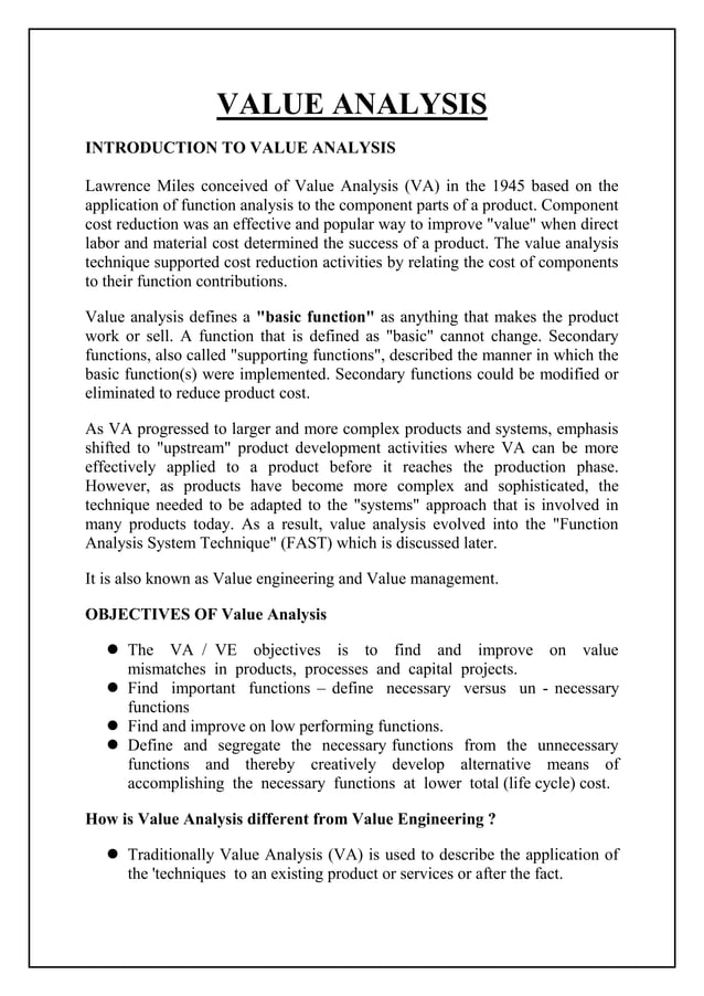 VALUE ANALYSIS,VALUE ENGINEERING, BUSINESS PROCESS REENGINEERING | PDF