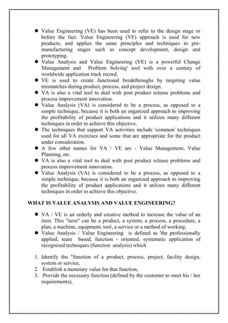 VALUE ANALYSIS,VALUE ENGINEERING, BUSINESS PROCESS REENGINEERING | PDF