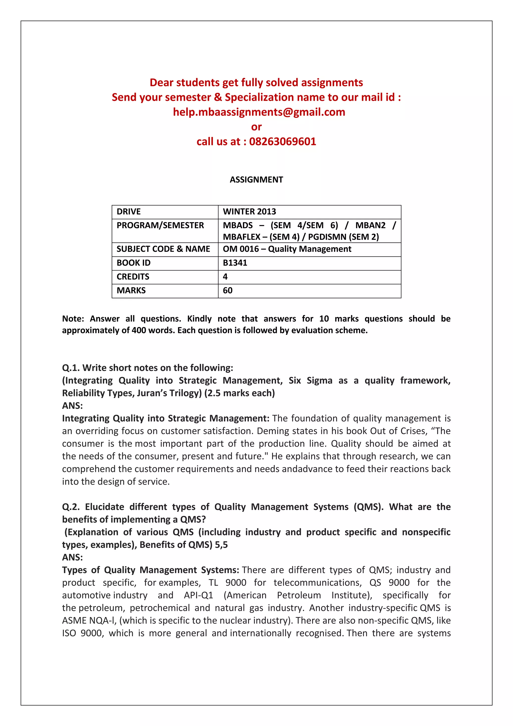 OPERATION MANAGEMENT 4th SEM WINTER 2013 SOLVED ASSIGNMENTS | PDF