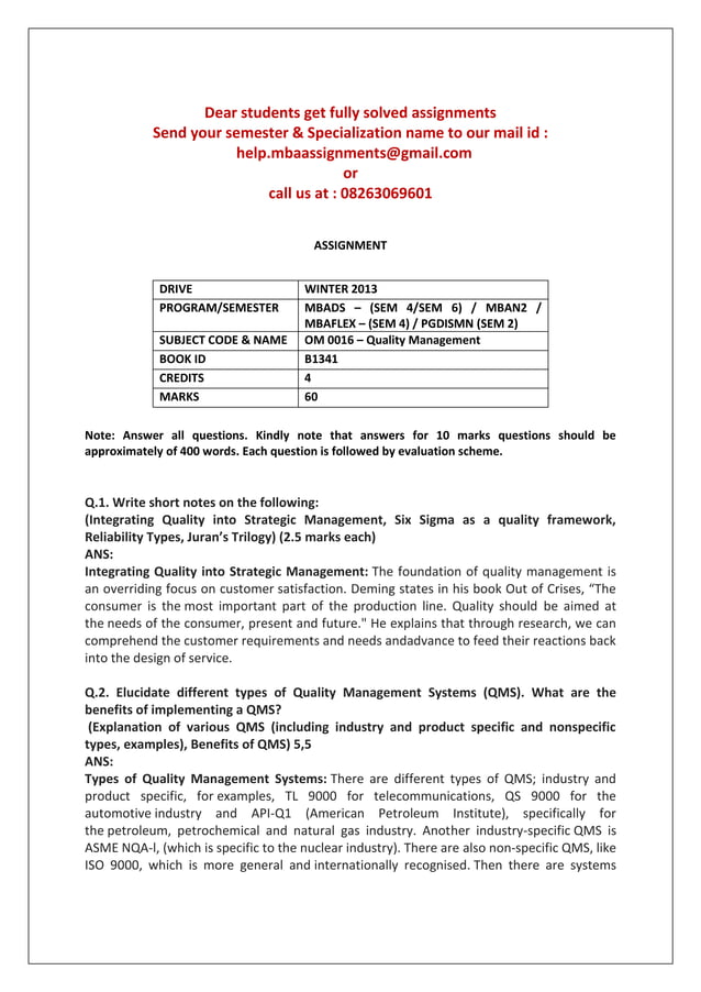 OPERATION MANAGEMENT 4th SEM WINTER 2013 SOLVED ASSIGNMENTS | PDF