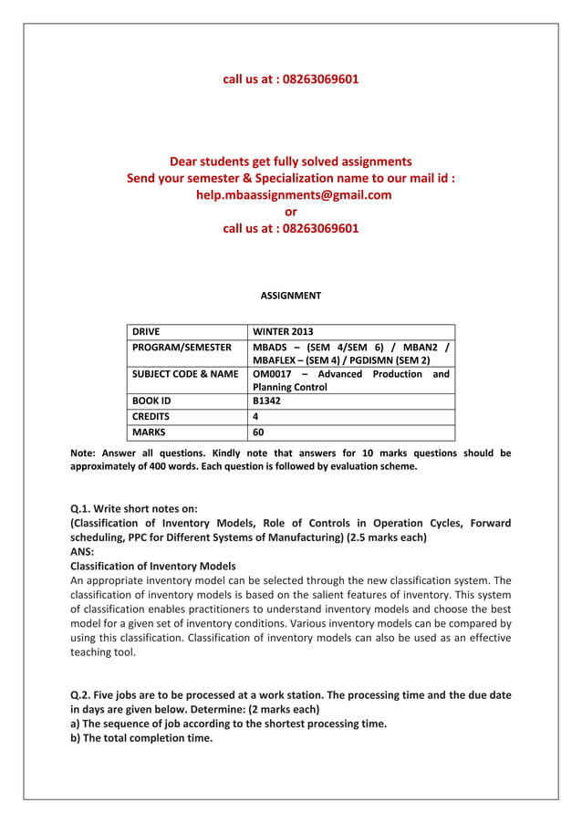 OPERATION MANAGEMENT 4th SEM WINTER 2013 SOLVED ASSIGNMENTS | PDF