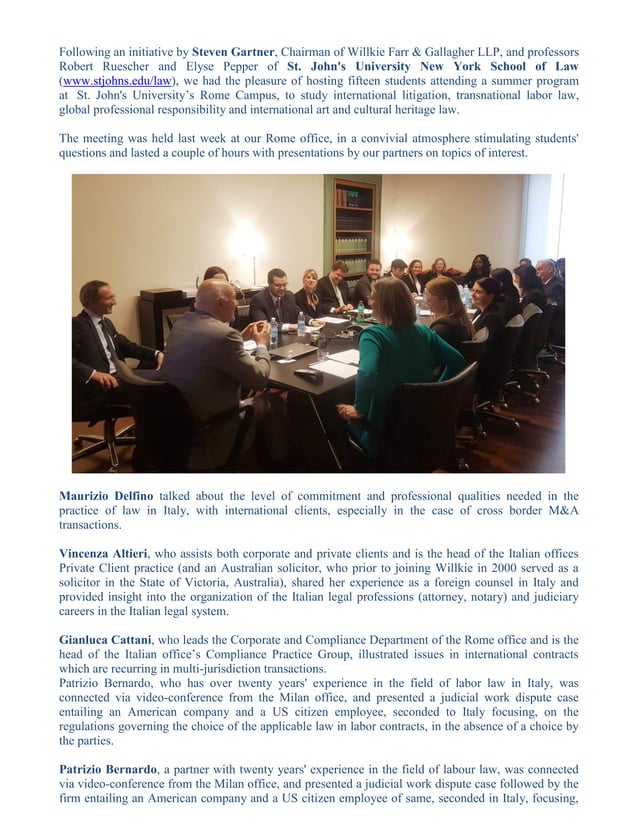 Studio Delfino Willkie Farr e Gallagher & St. John's University New ...