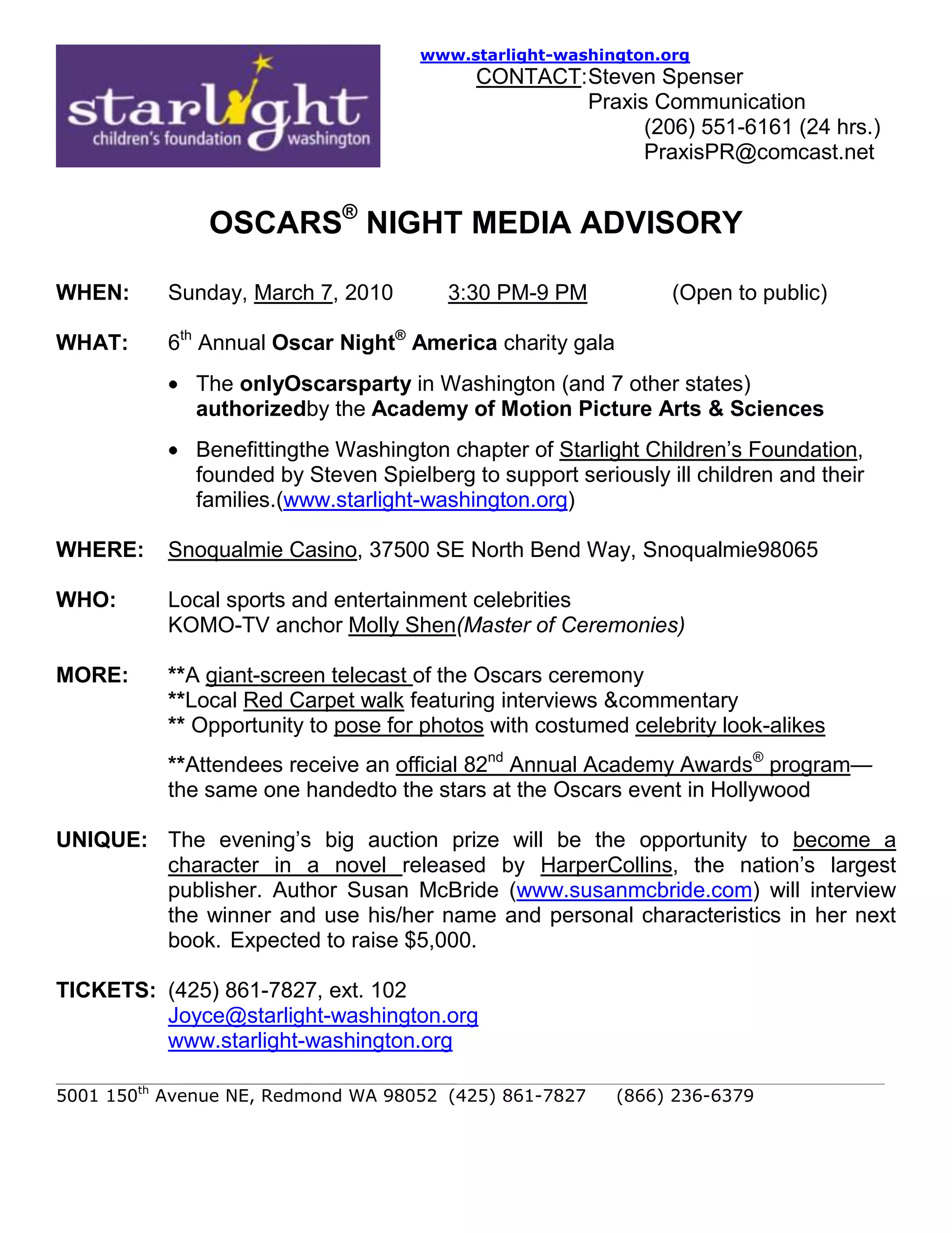 (Starlight) Oscar Night America 2010 media advisory | PDF
