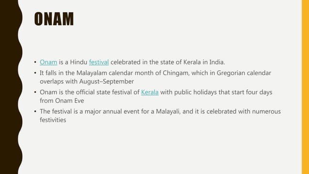 Onam | PPTX | National & Civic Holidays | Holidays