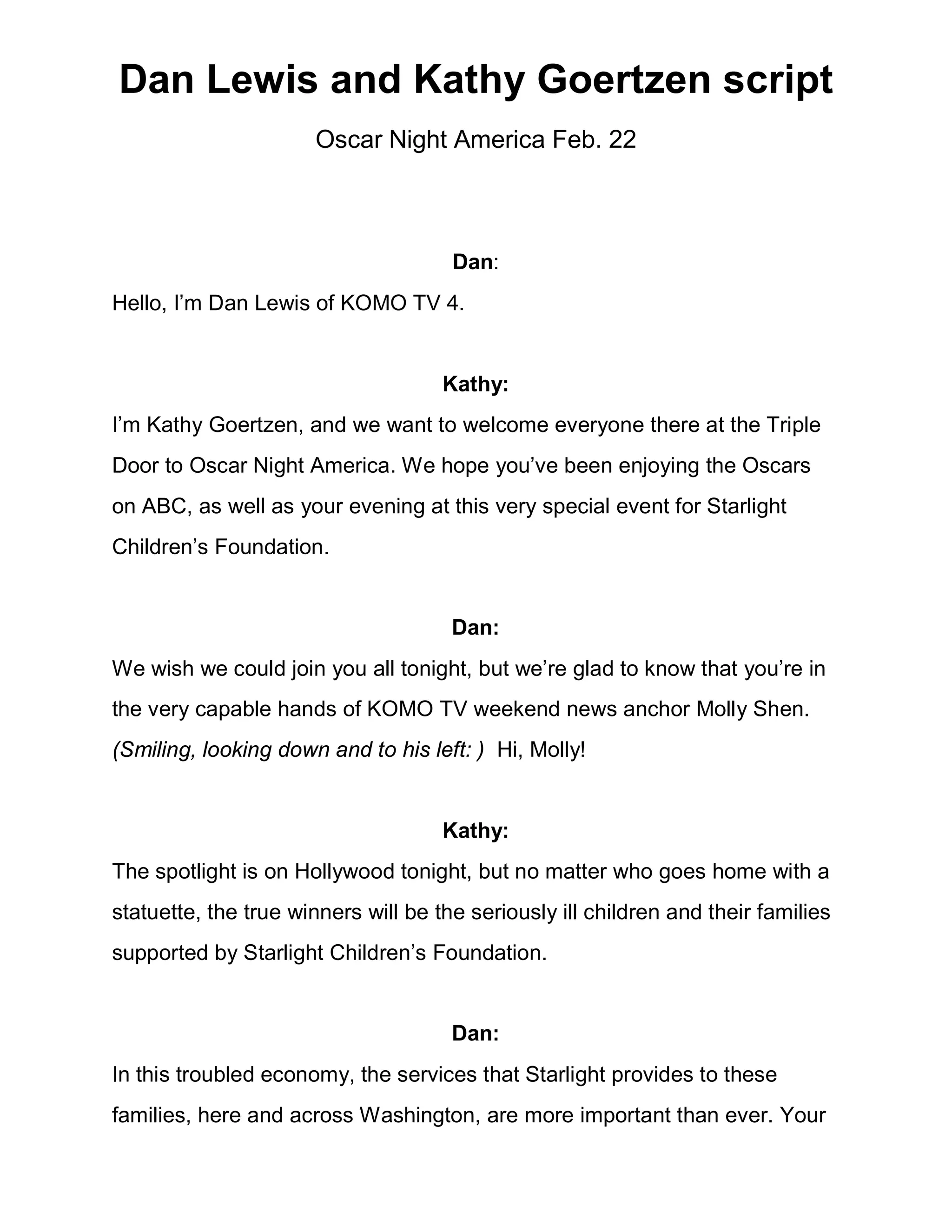(Starlight) Oscar Night America script: Video greeting from local news ...