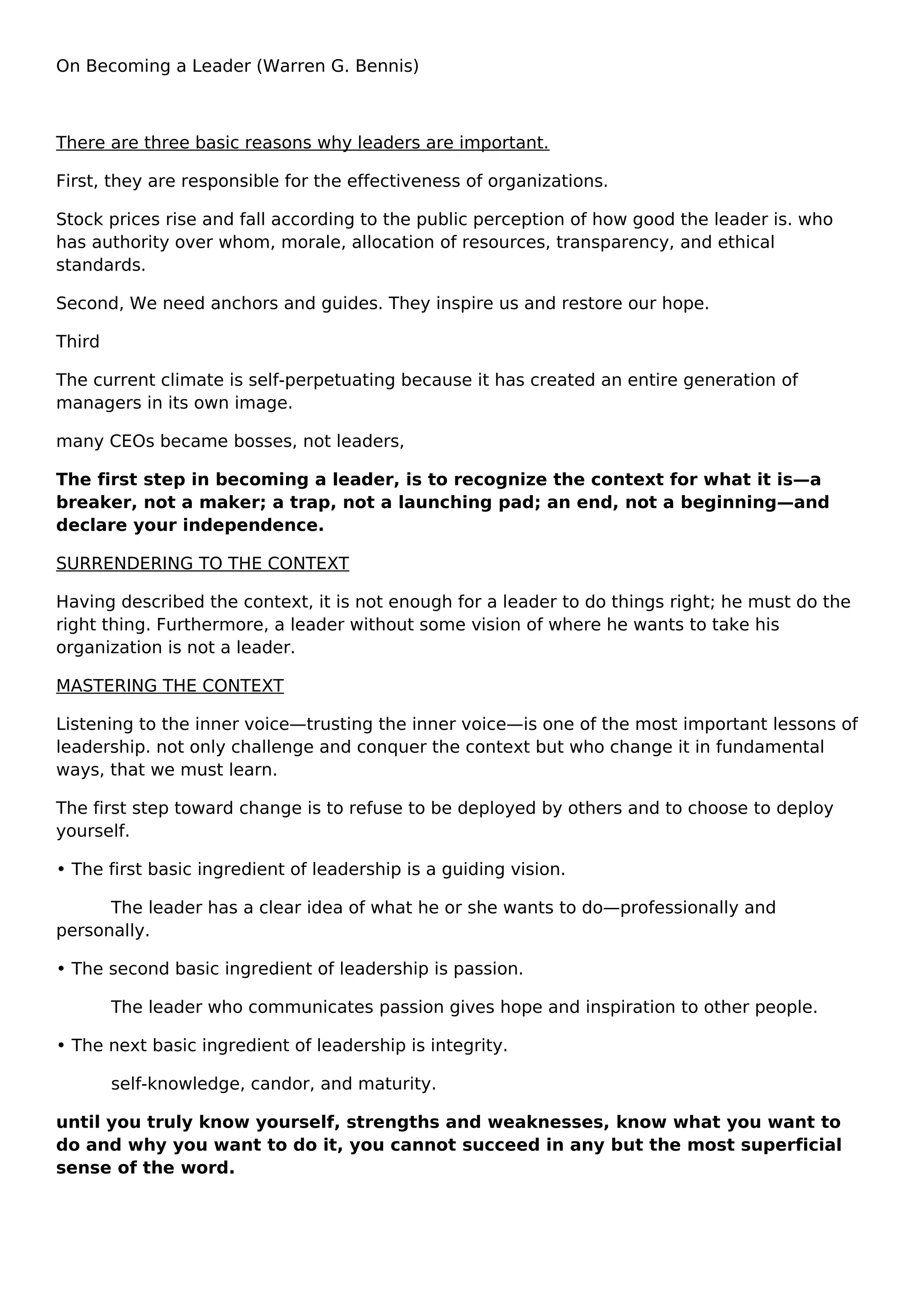 On becoming a leader warren g. bennis | PDF