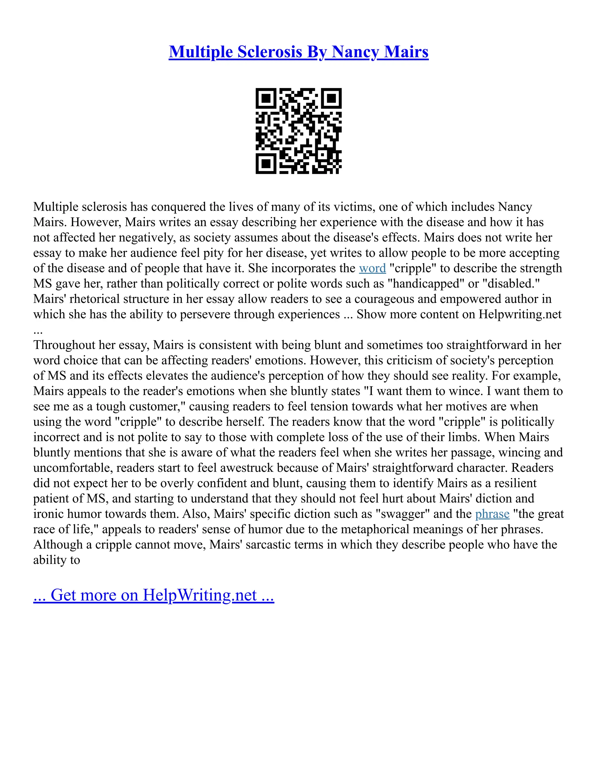 On Being A Cripple, By Nancy Mairs | PDF