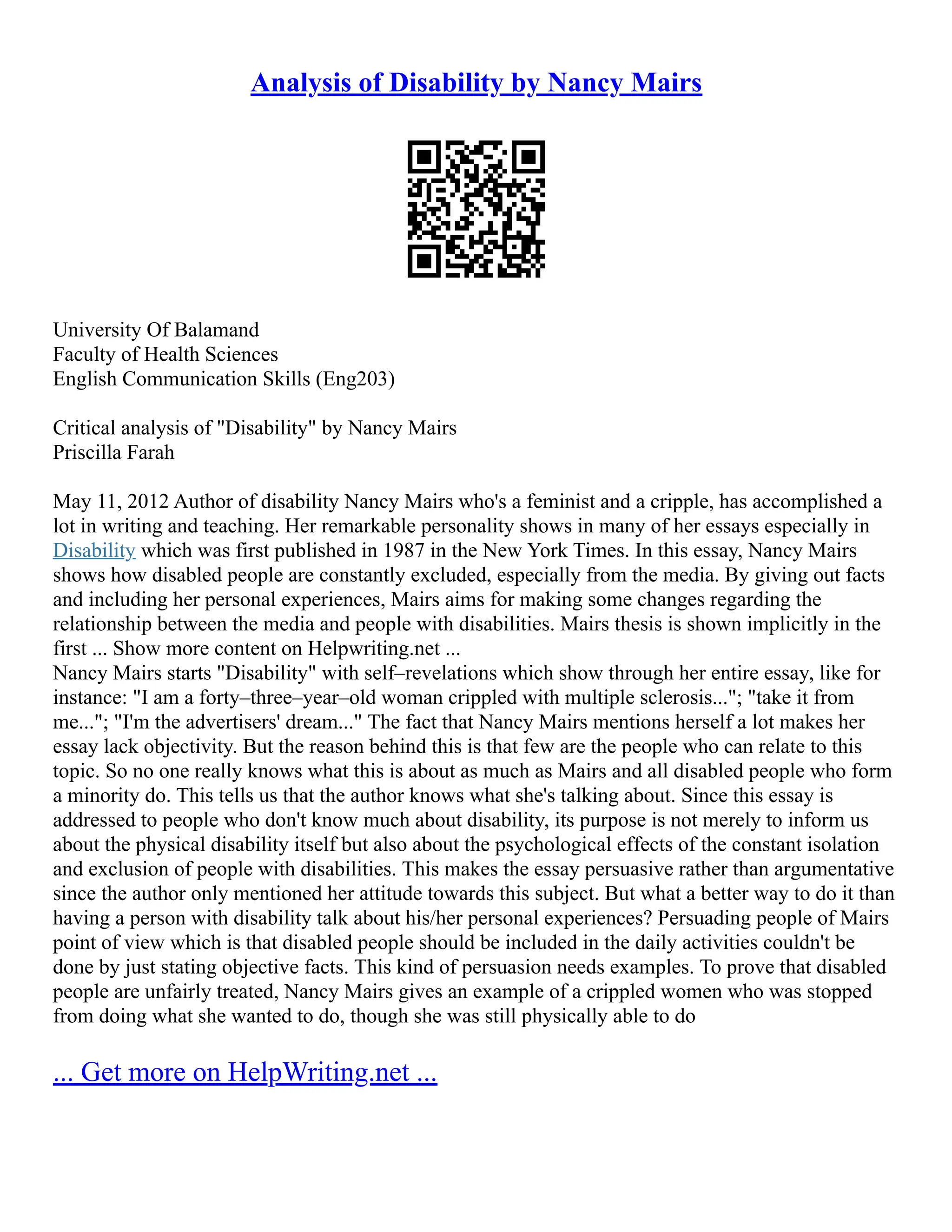 On Being A Cripple, By Nancy Mairs | PDF