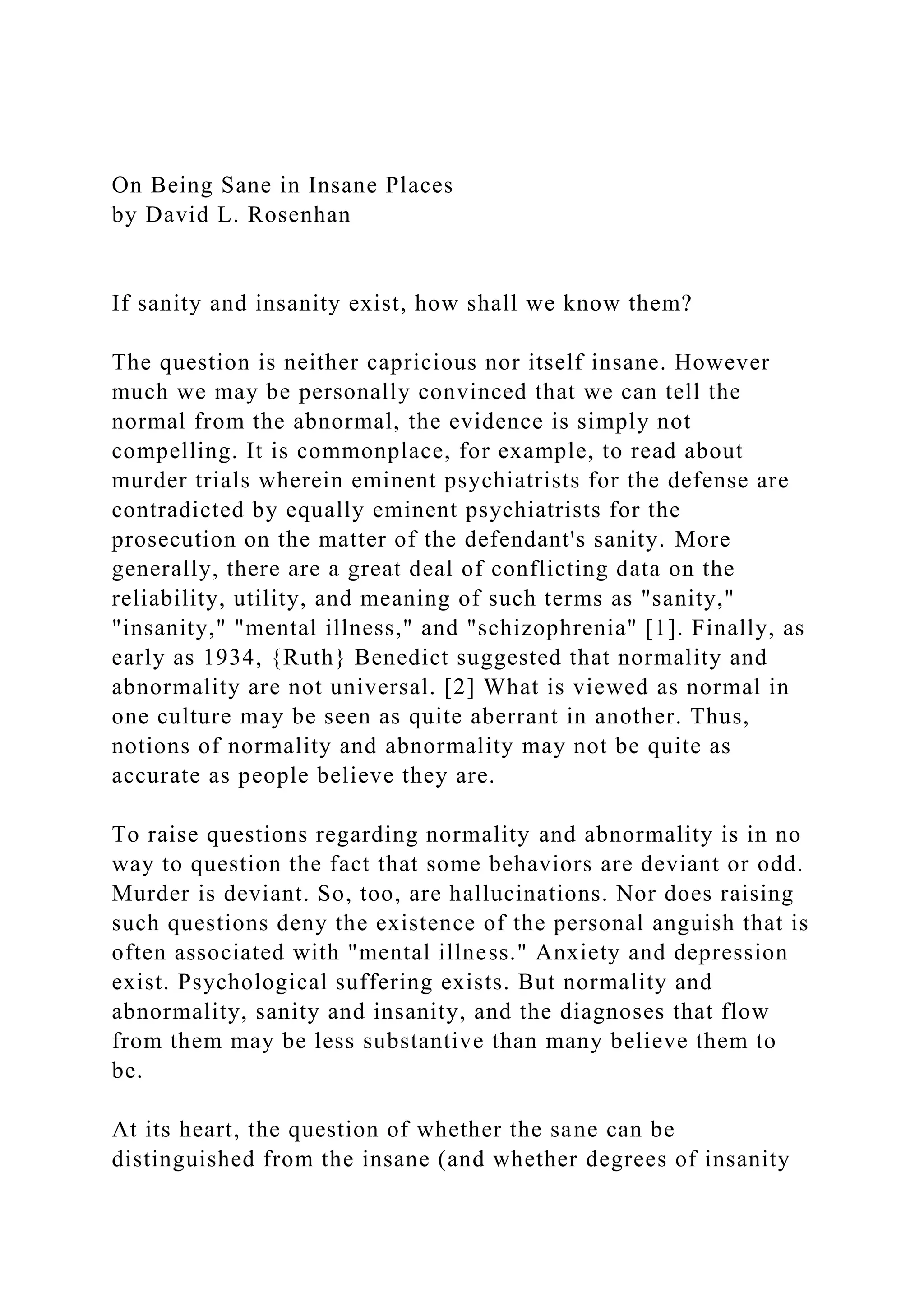 On Being Sane in Insane Placesby David L. RosenhanIf sanit.docx