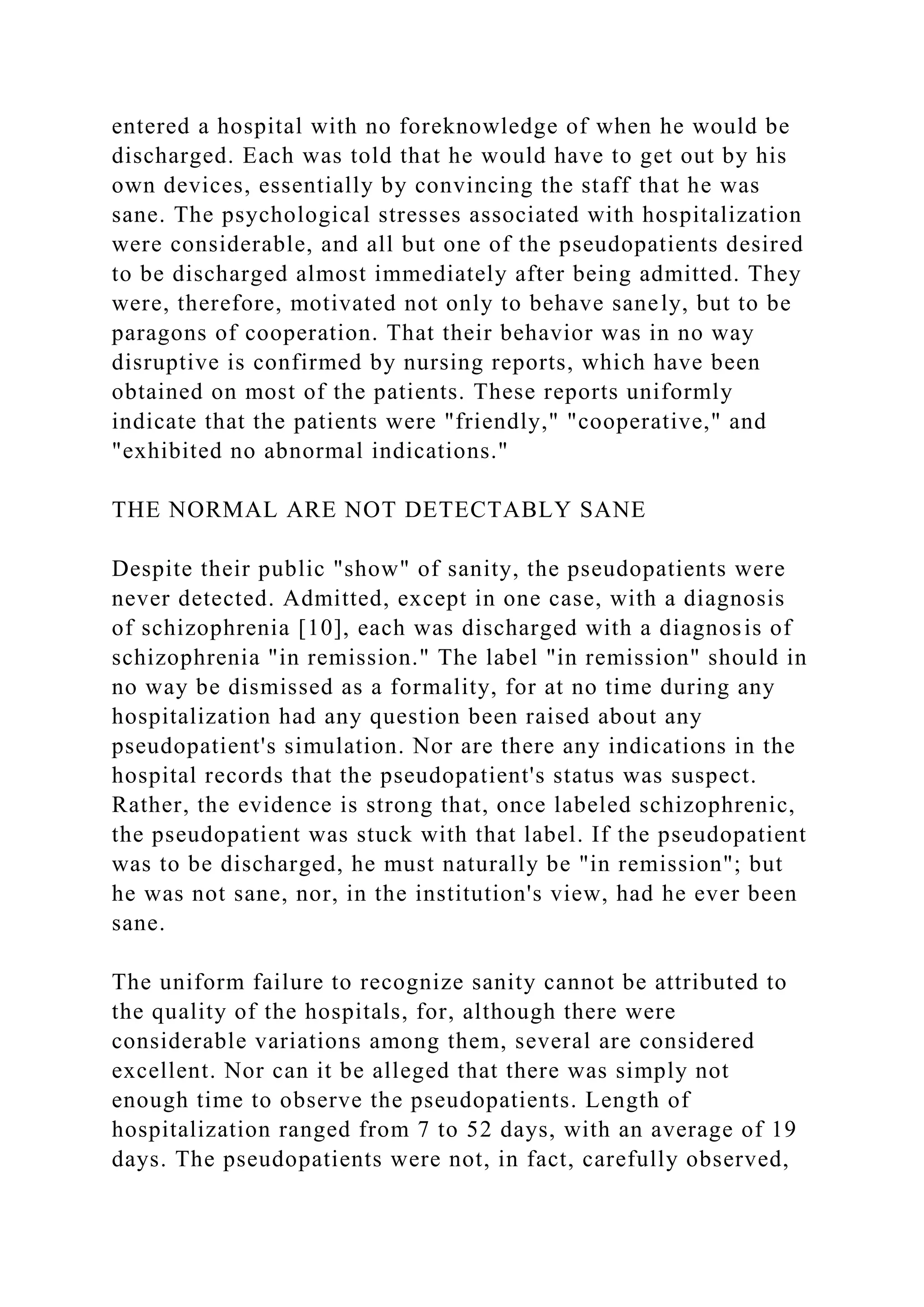 On Being Sane in Insane Placesby David L. RosenhanIf sanit.docx