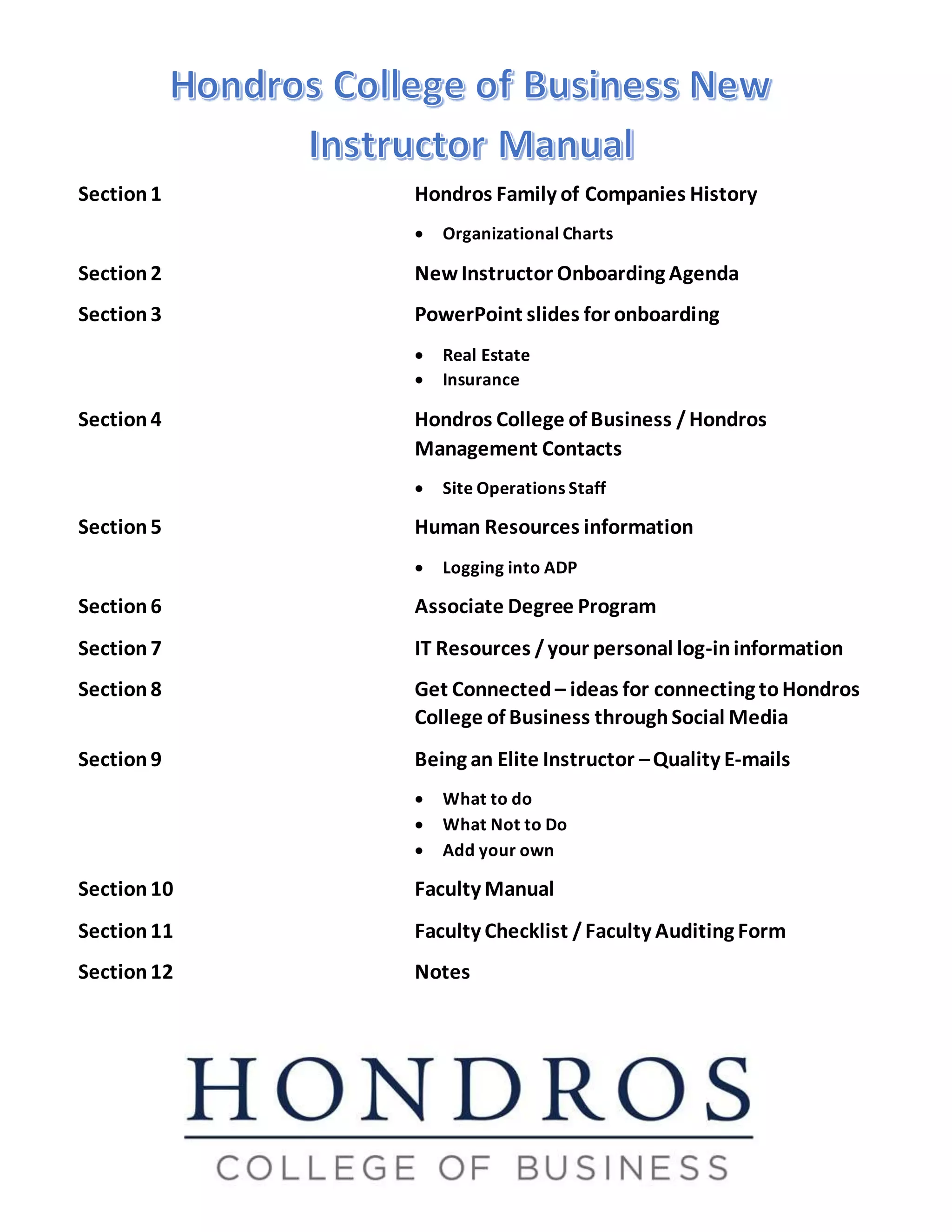 Onboarding 4.19.2016 Table of Contents to the New Instructor Manual | DOCX