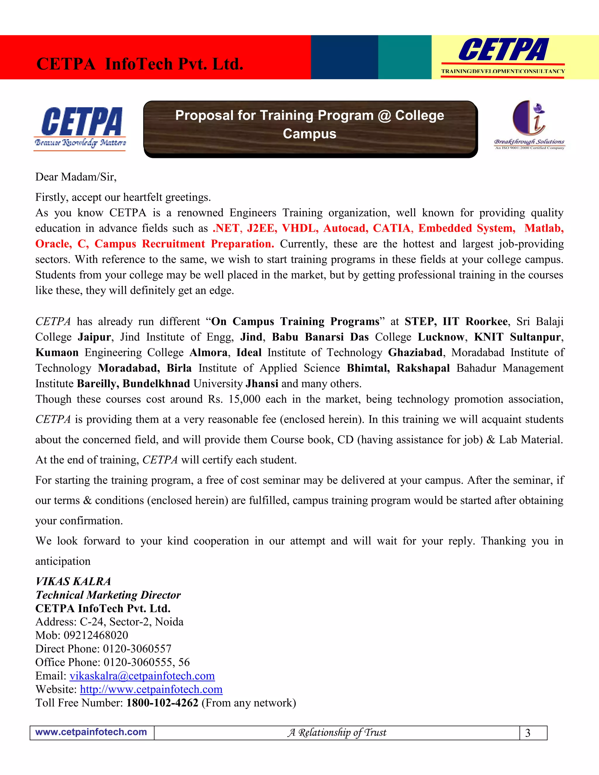 CETPA On-Campus Training Proposal for Different Colleges | PDF