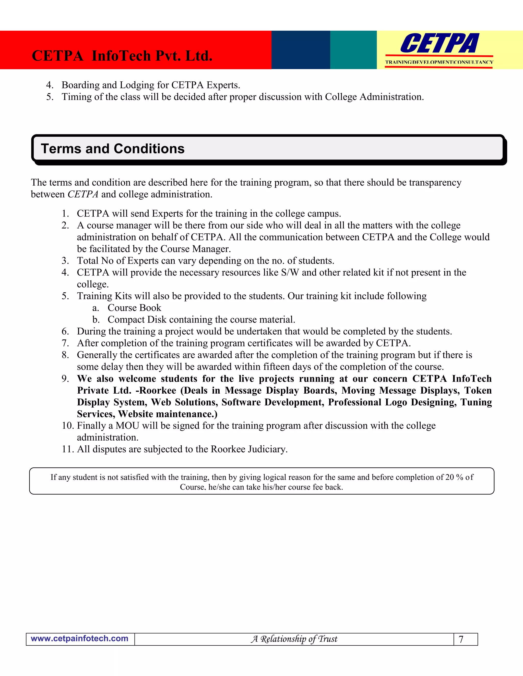 CETPA On-Campus Training Proposal for Different Colleges | PDF