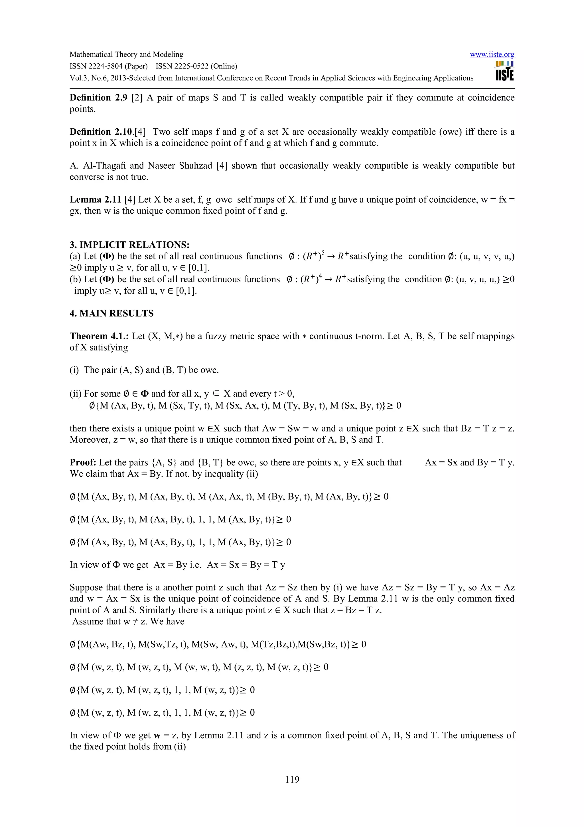 On Common Fixed Point Theorem In Fuzzy Metric Space Pdf Programming