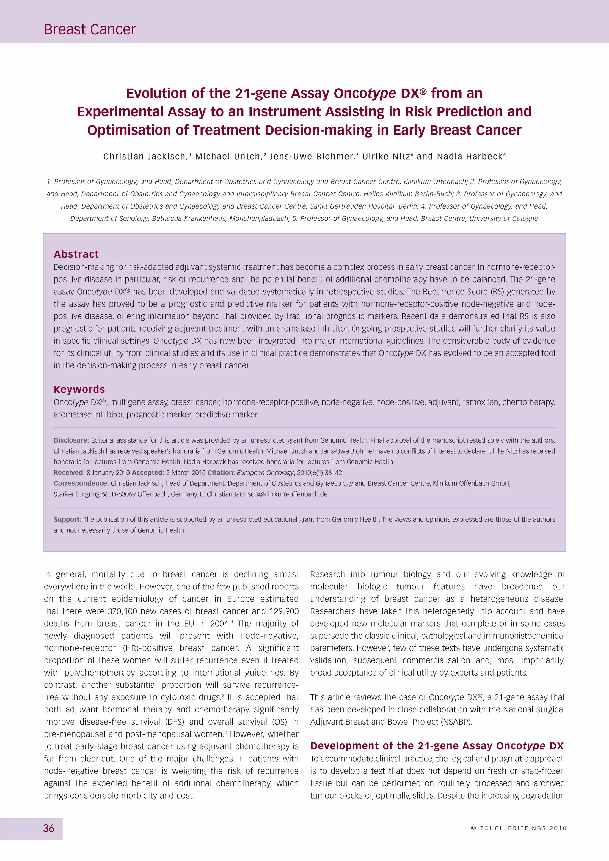 Evolution of the 21-gene Assay Oncotype DX | PDF