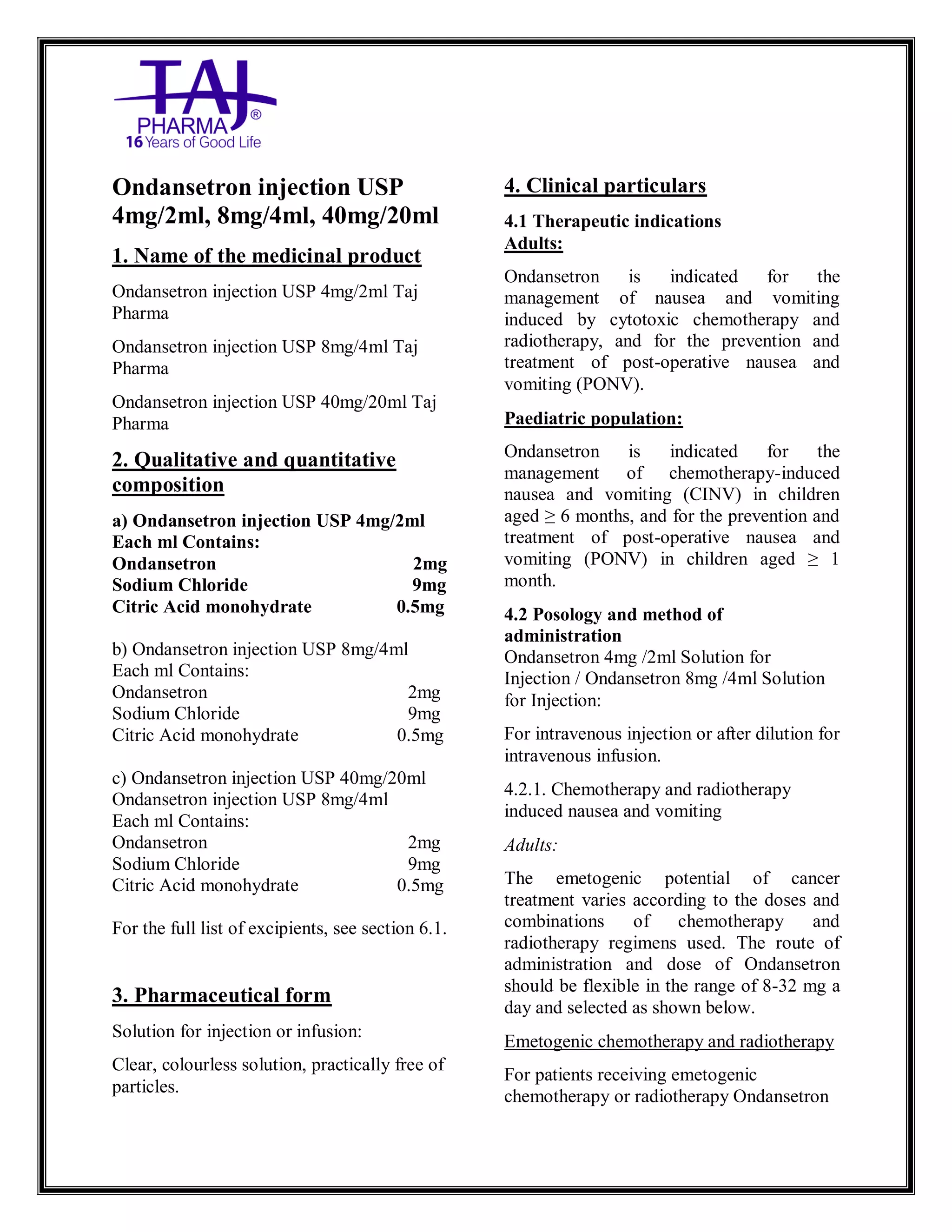 Ondansetron Injection USP Taj Pharma SmPC | PDF