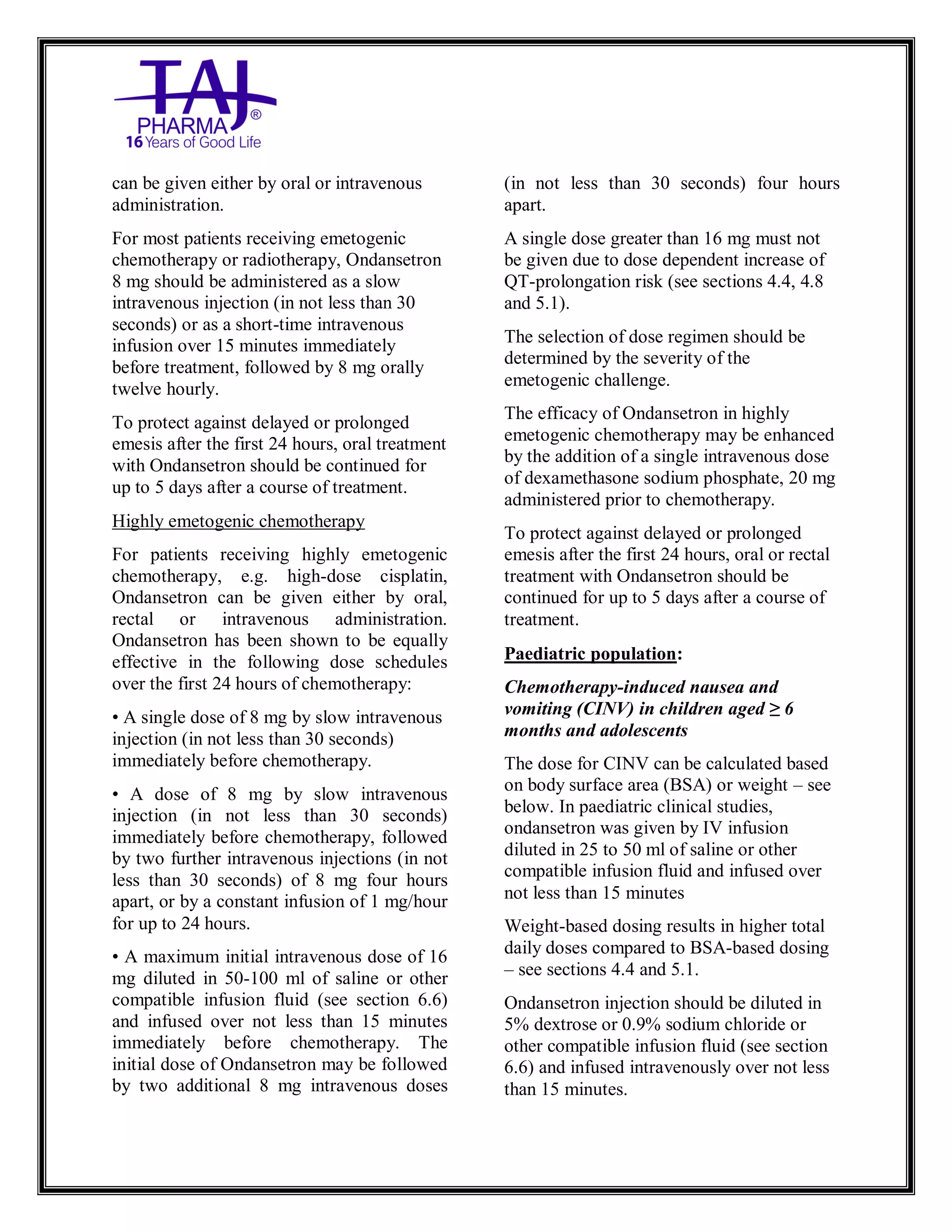 Ondansetron Injection USP Taj Pharma SmPC | PDF