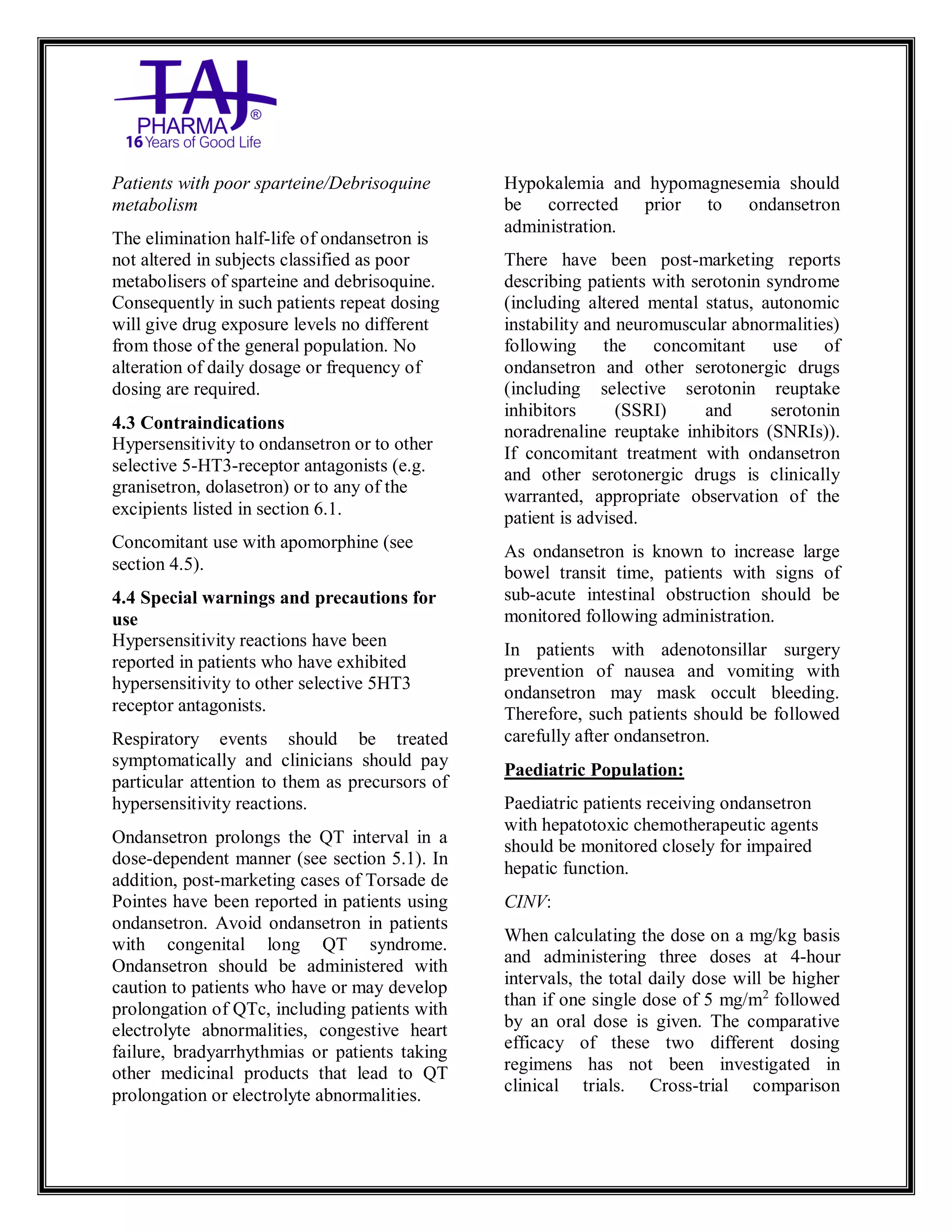 Ondansetron Injection USP Taj Pharma SmPC | PDF