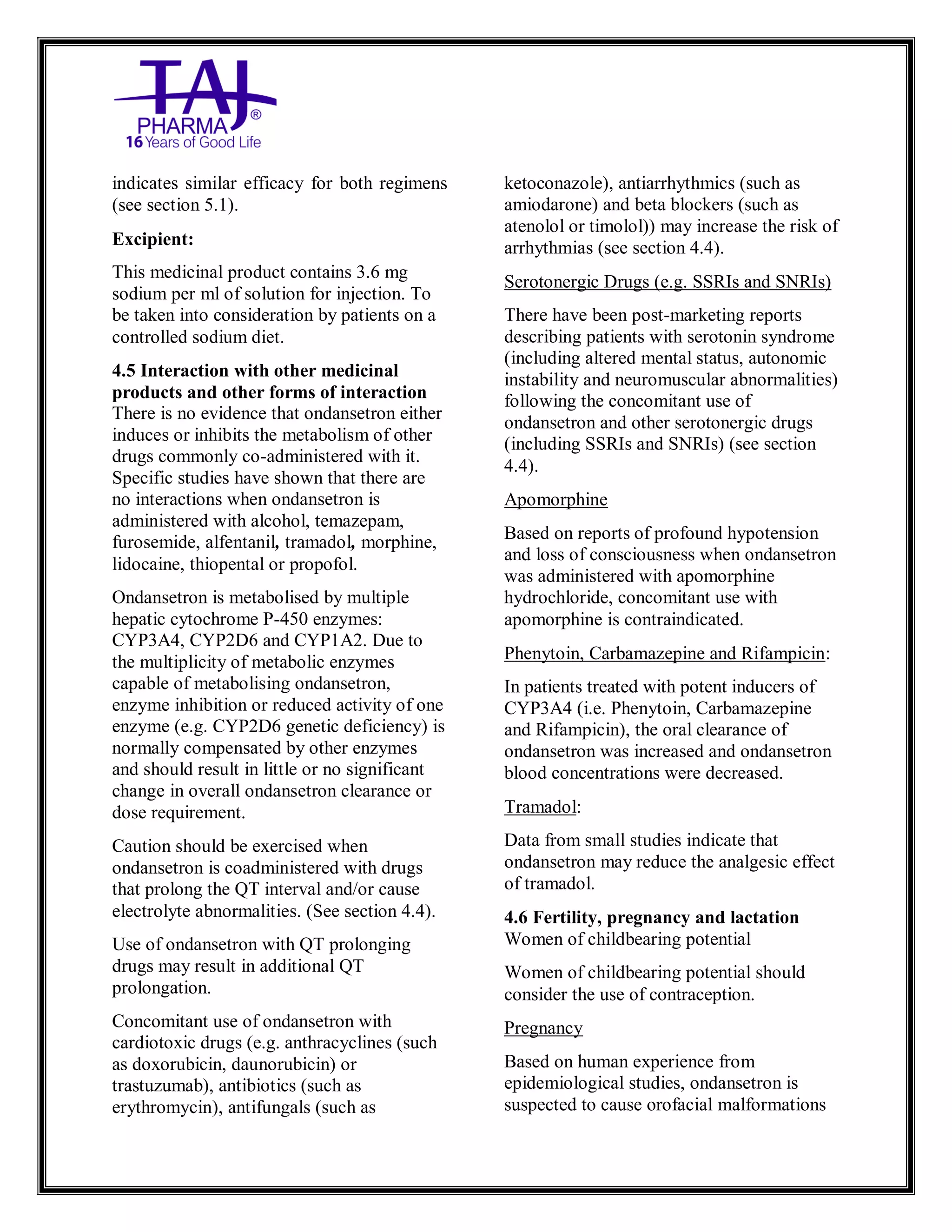Ondansetron Injection USP Taj Pharma SmPC | PDF