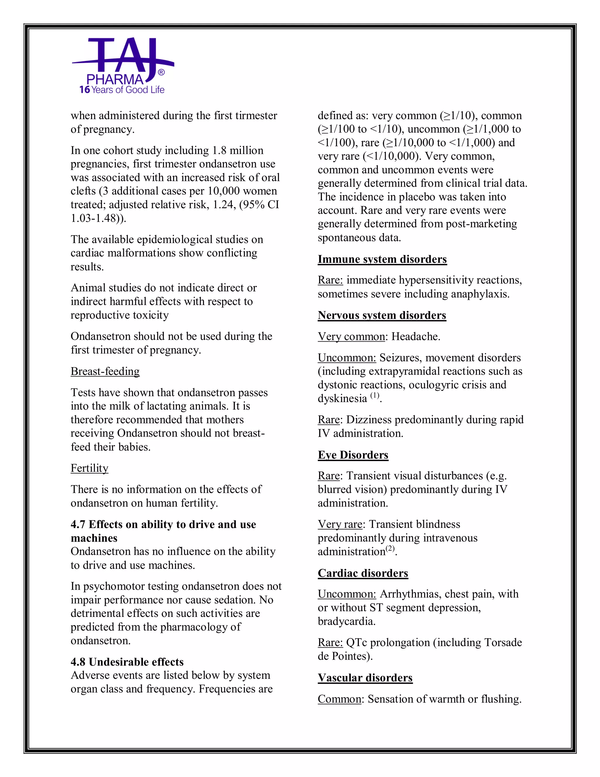 Ondansetron Injection USP Taj Pharma SmPC | PDF