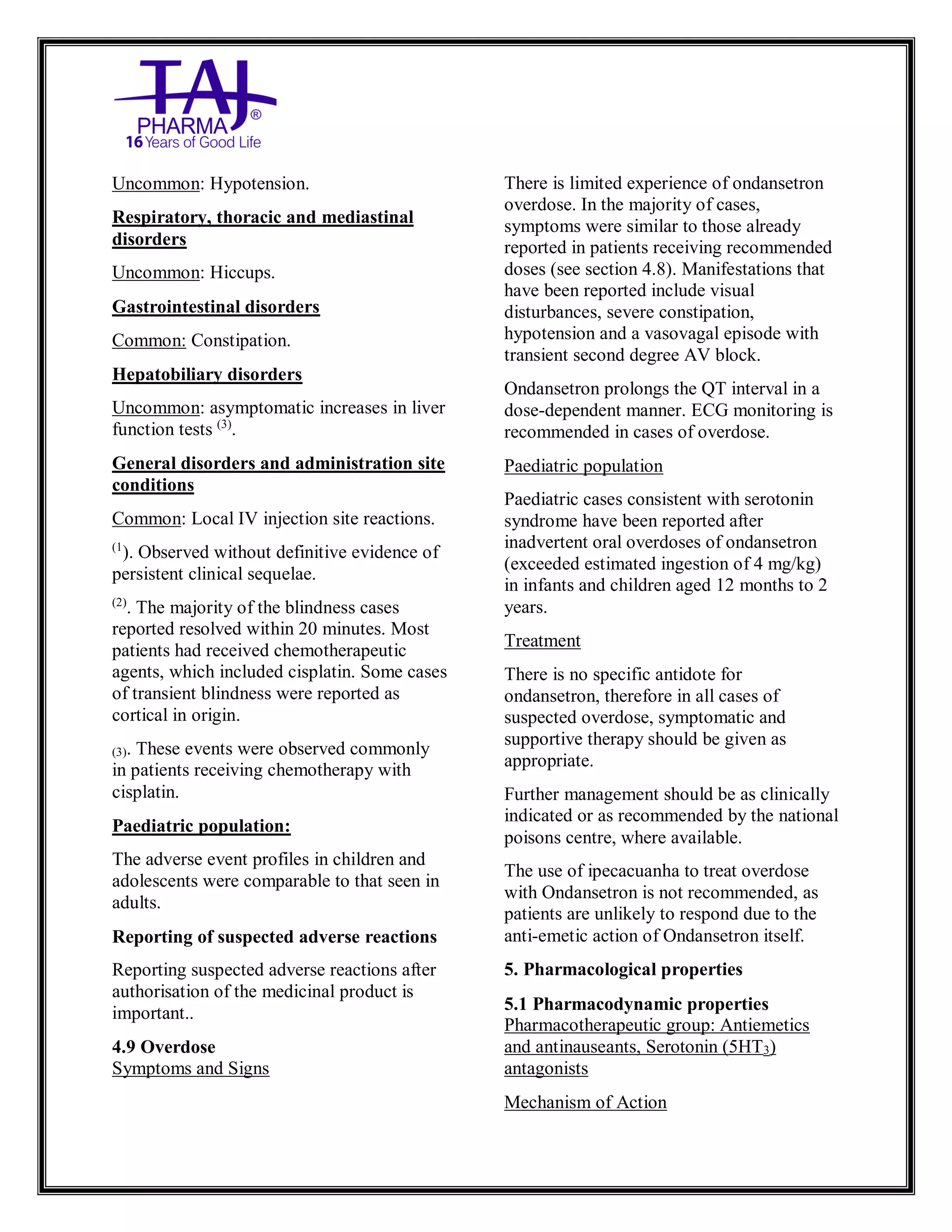 Ondansetron Injection USP Taj Pharma SmPC | PDF