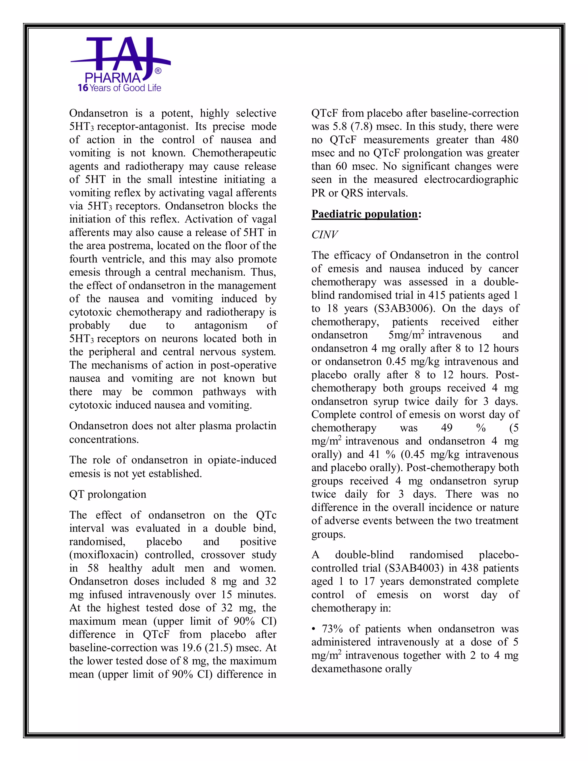 Ondansetron Injection USP Taj Pharma SmPC | PDF