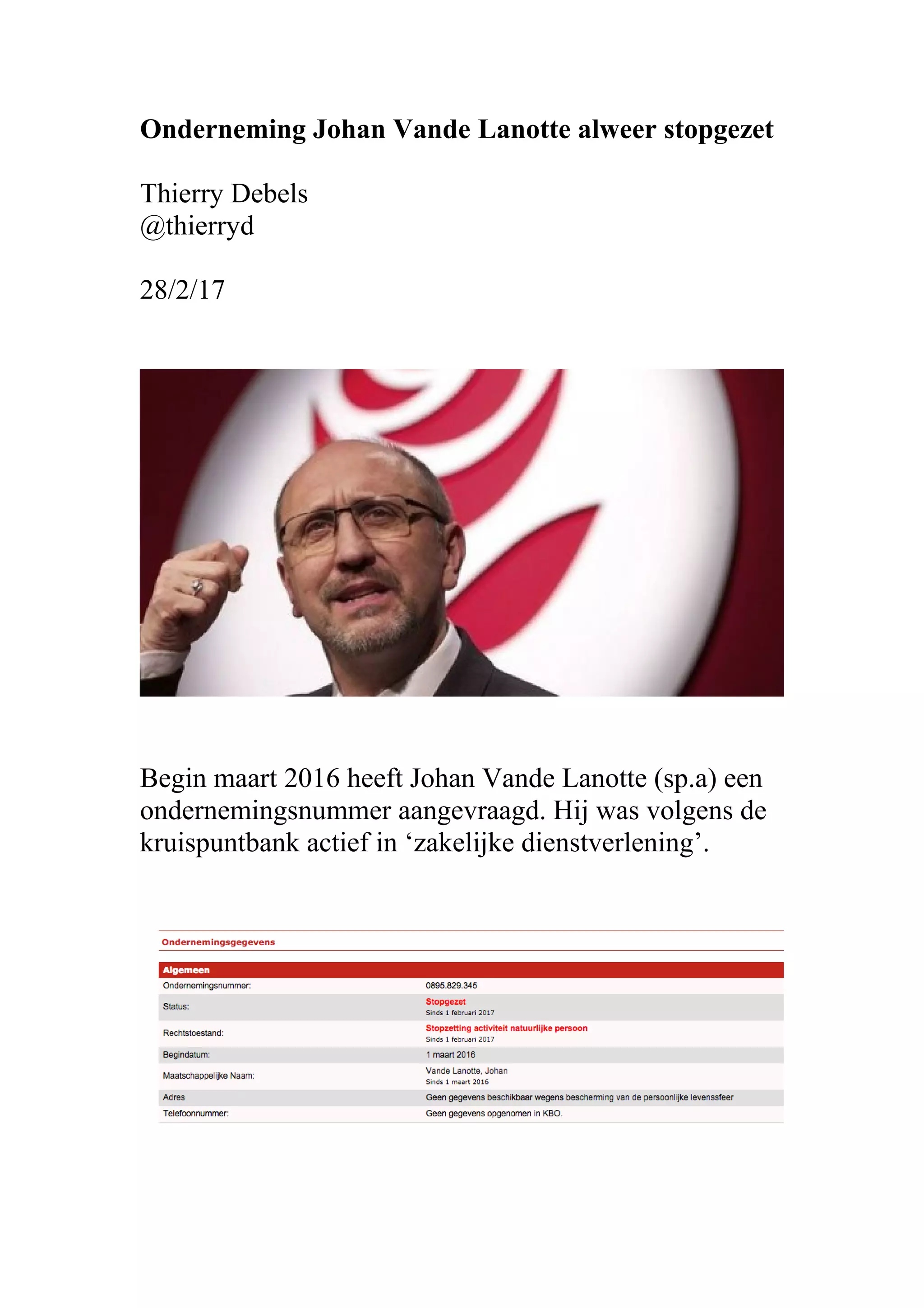 Onderneming Johan Vande Lanotte alweer stopgezet | DOC
