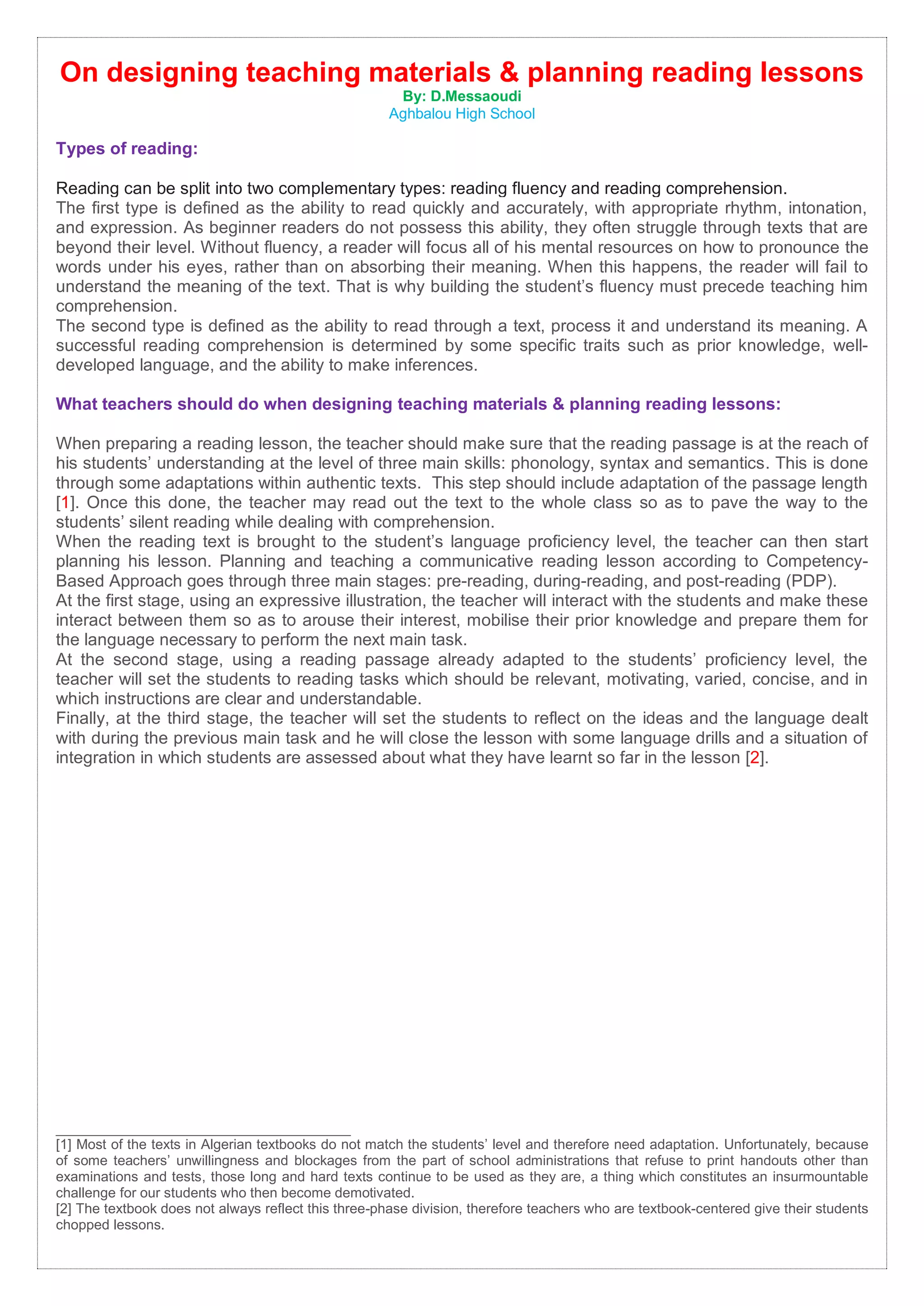 On designing teaching materials and planning reading lessons | PDF