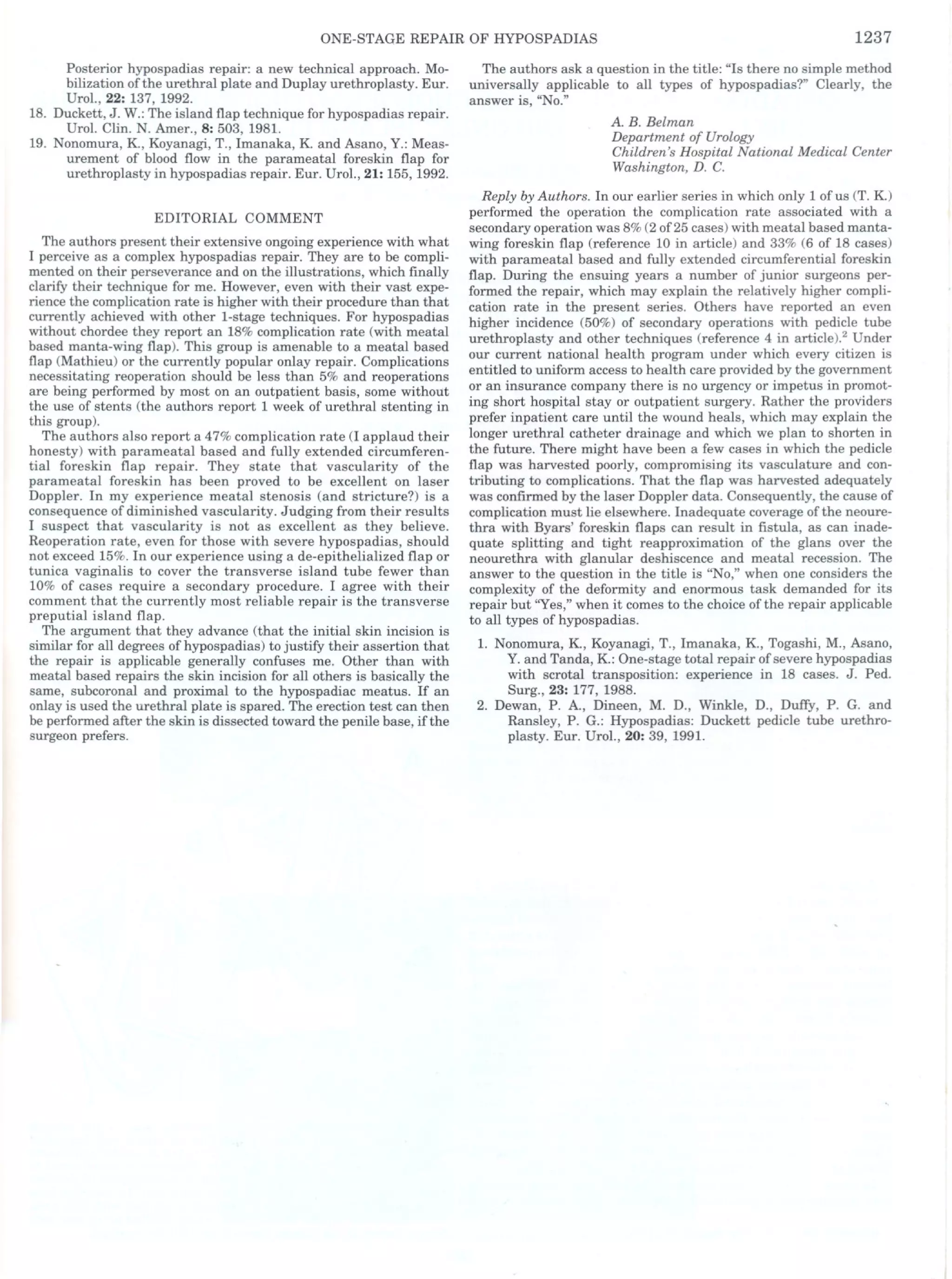 One Stage Repair Of Hypospadias: IS THERE NO SIMPLE METHOD UNIVERSALLY ...