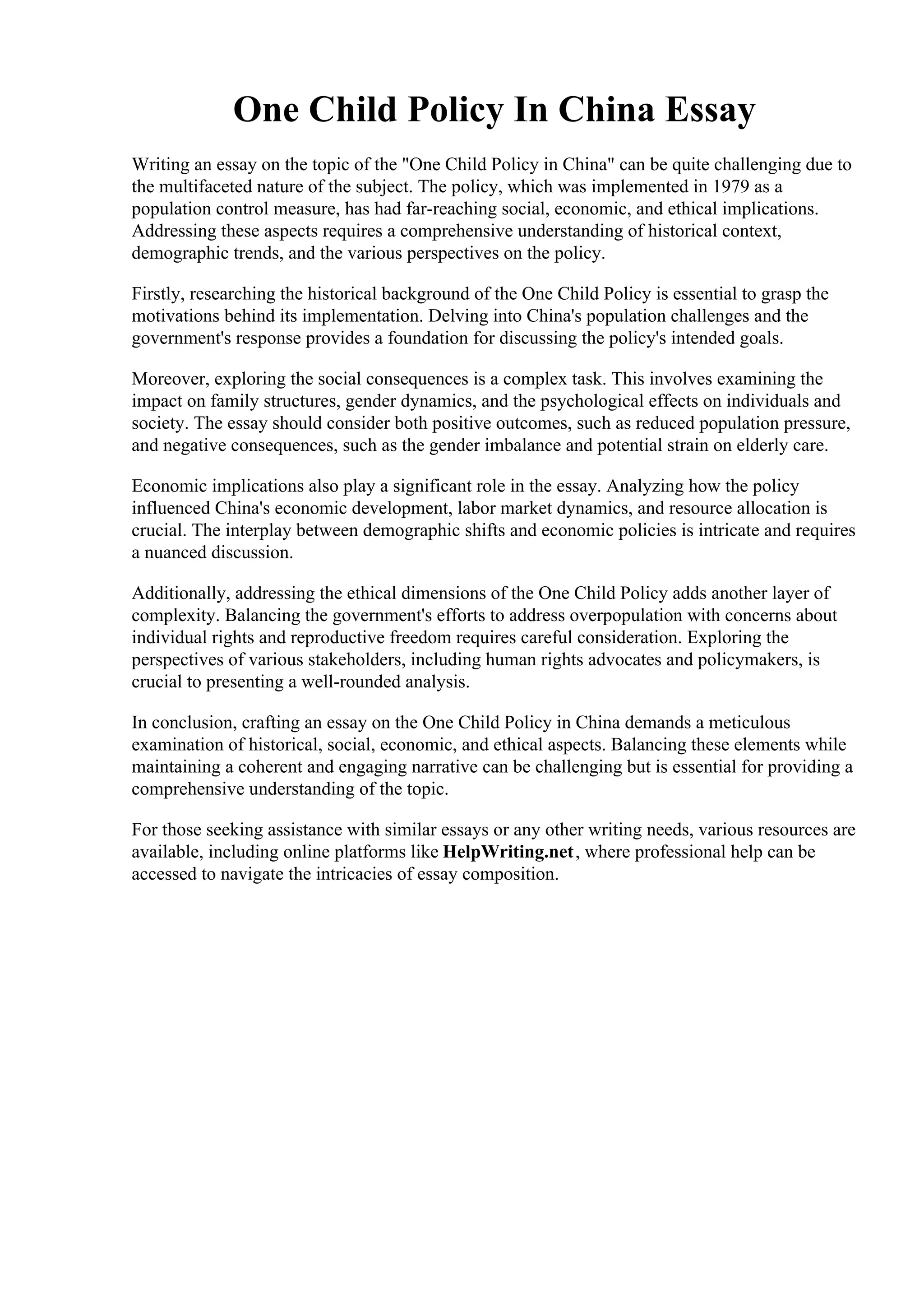 One Child Policy In China Essay | PDF