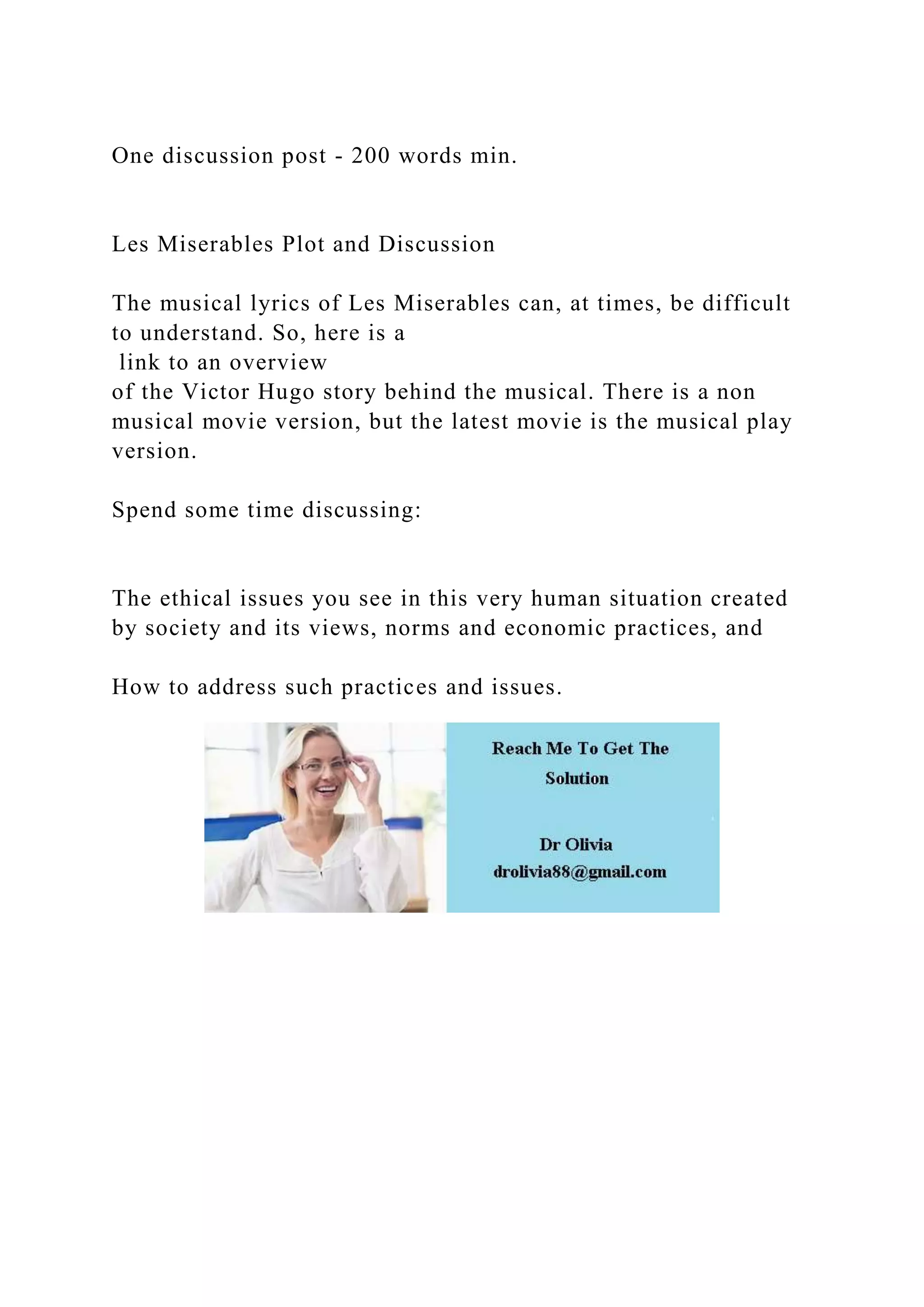 One discussion post - 200 words min.Les Miserables Plot and Di.docx