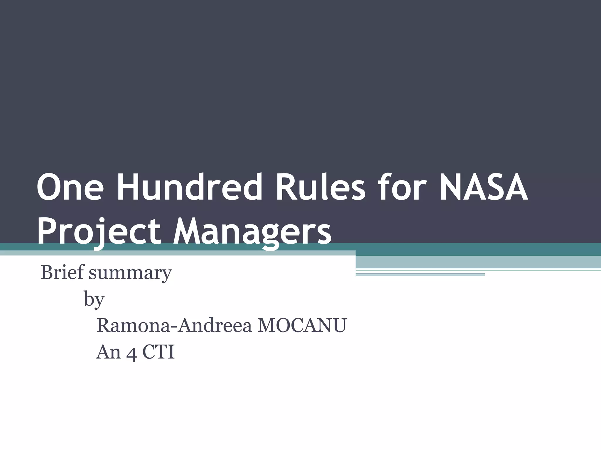 One hundred rules for nasa project managers | PPT