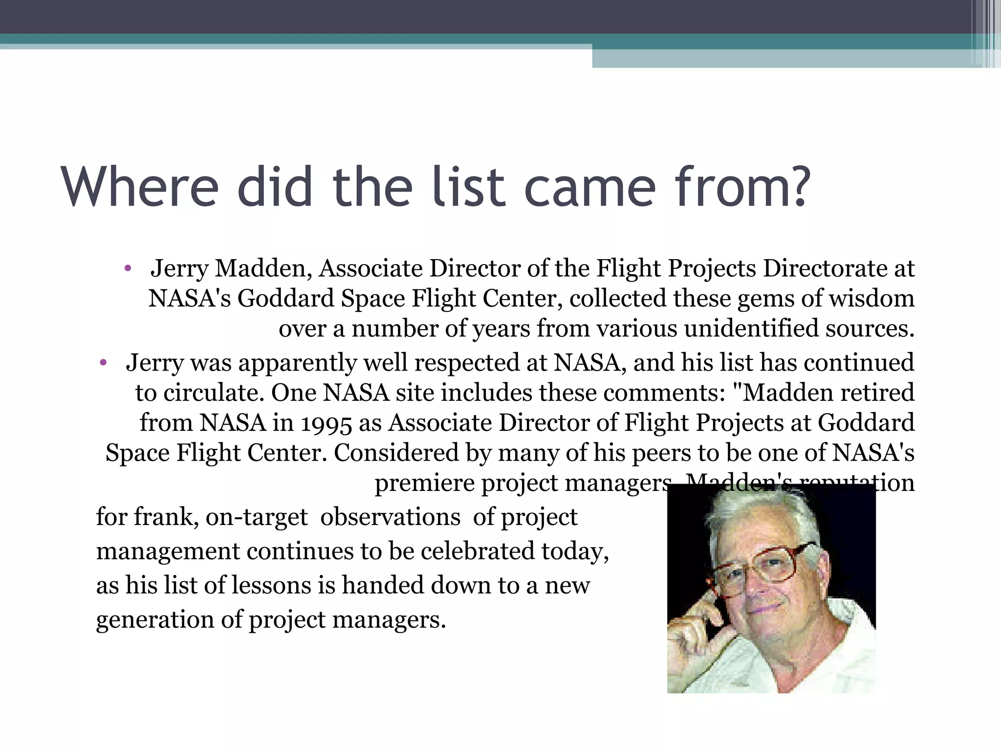 One hundred rules for nasa project managers | PPT