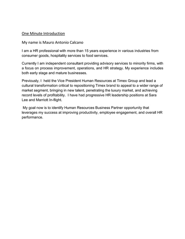 One minute introduction | DOCX | Human Resources | Business